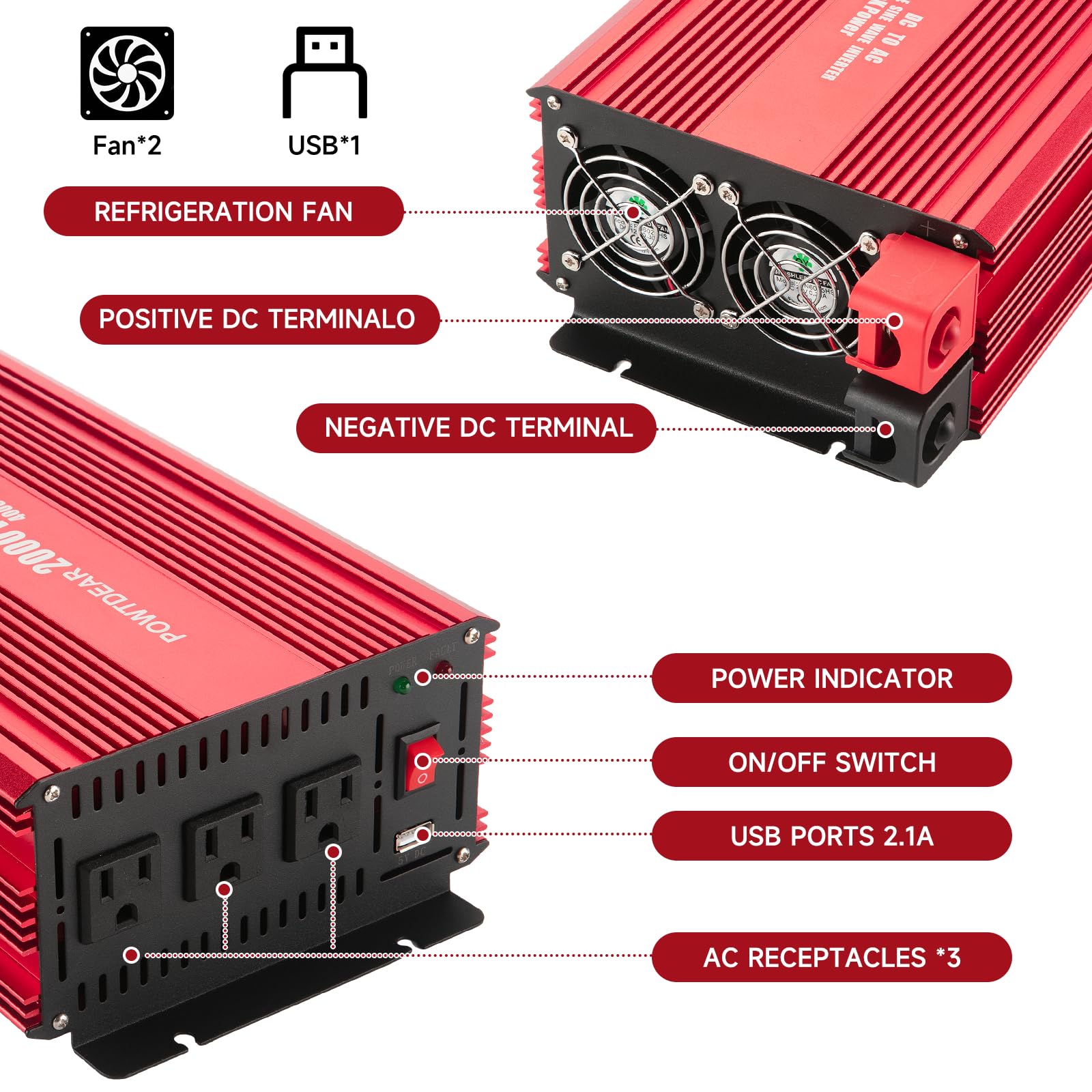 Snapklik.com : Pure Sine Vane Power Inverter 2000 Watt, DC 12V To 110V ...