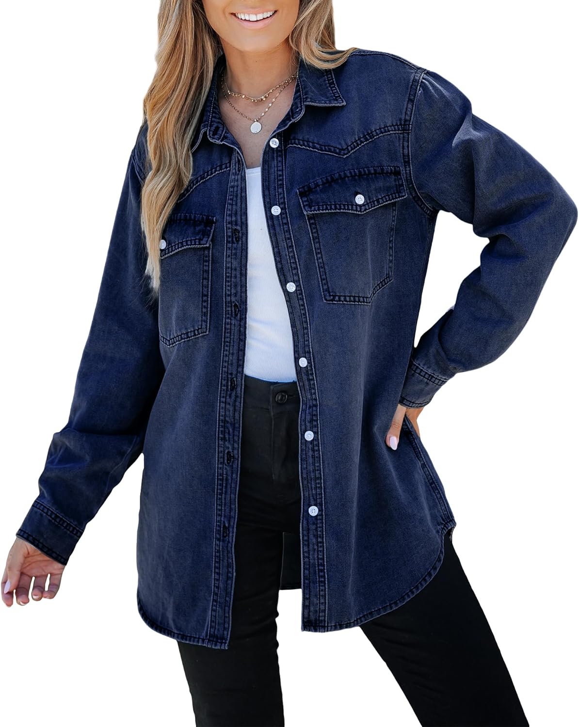luvamia Long Denim Jacket for Women Lightweight Trendy Jean Button Down ...