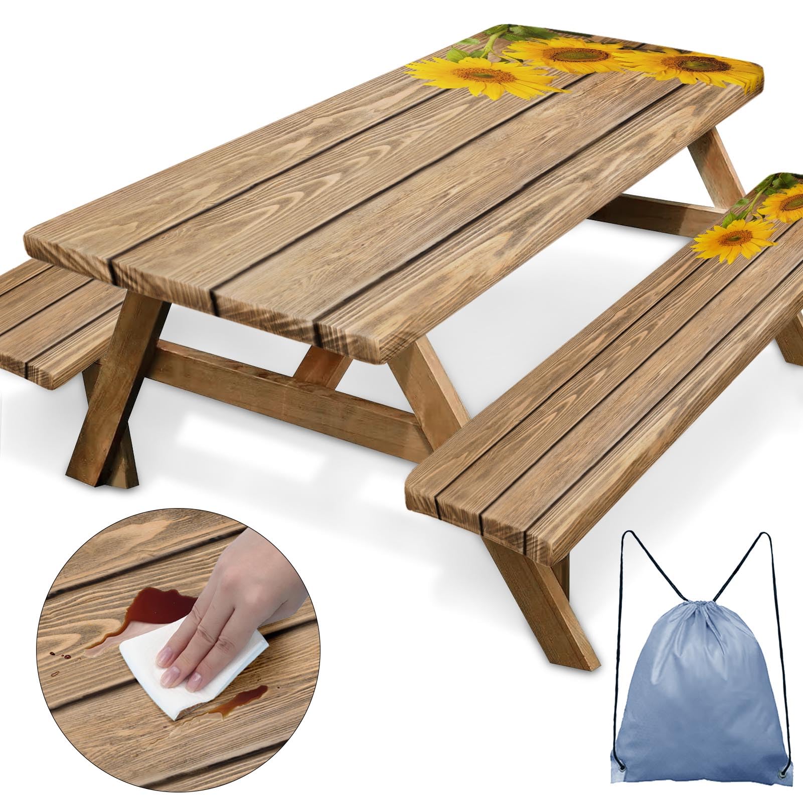 Amazon.com : Nesphy Sunflower Wooden Picnic Table Cover with Bench ...