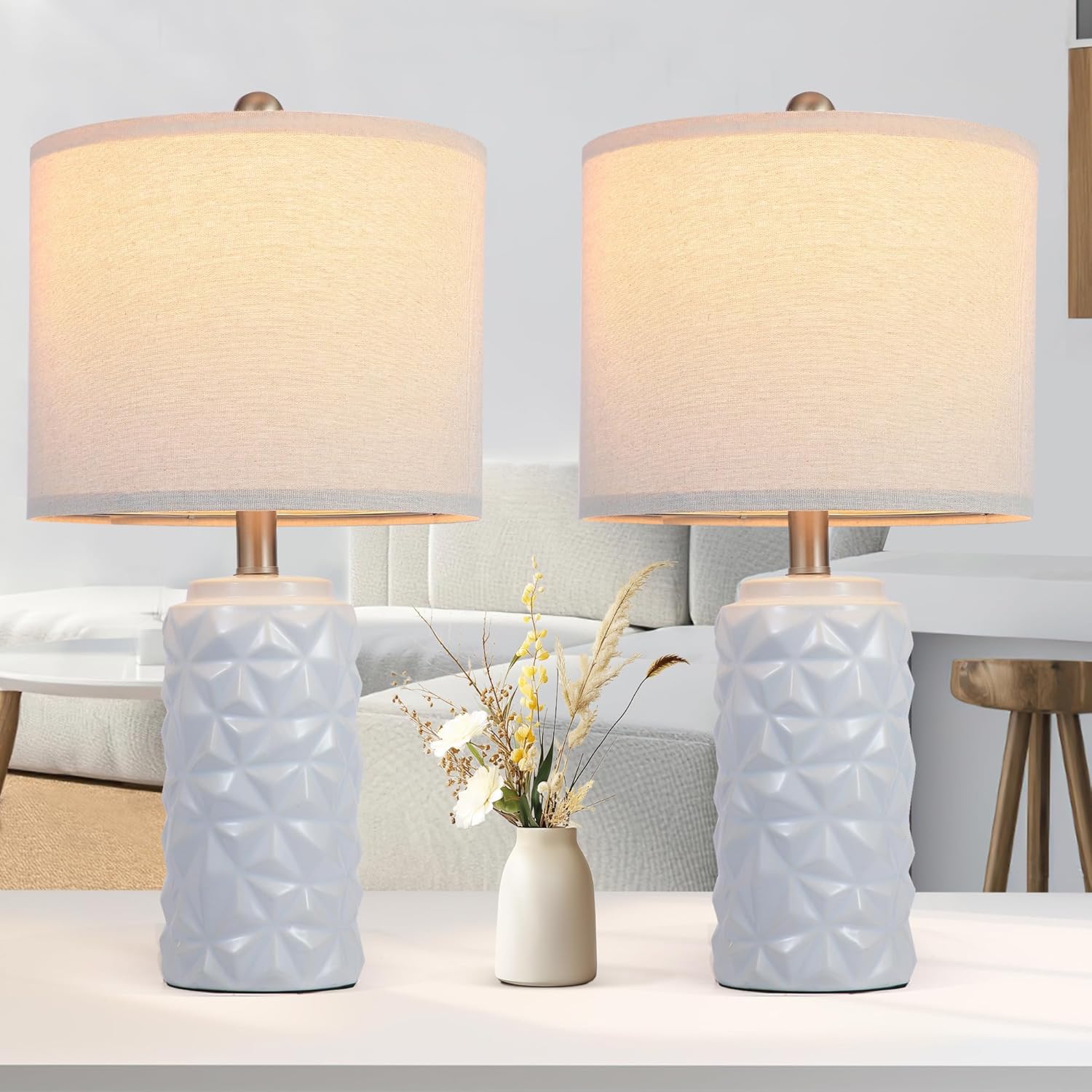 iKopyal 22" White Modern Ceramic Bedside Lamp Set of 2 for Bedroom ...