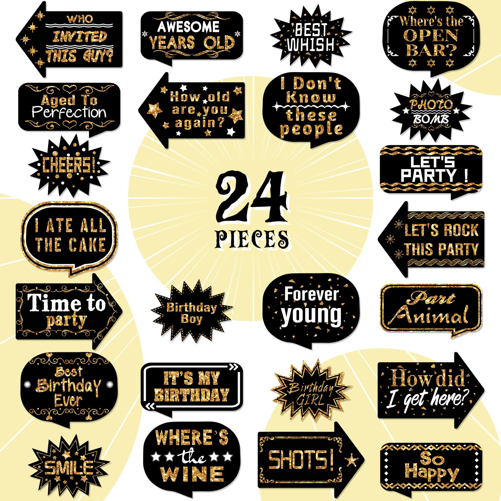 24 Pieces Photo Props Birthday Photo Booth Props with Stick Gold and ...