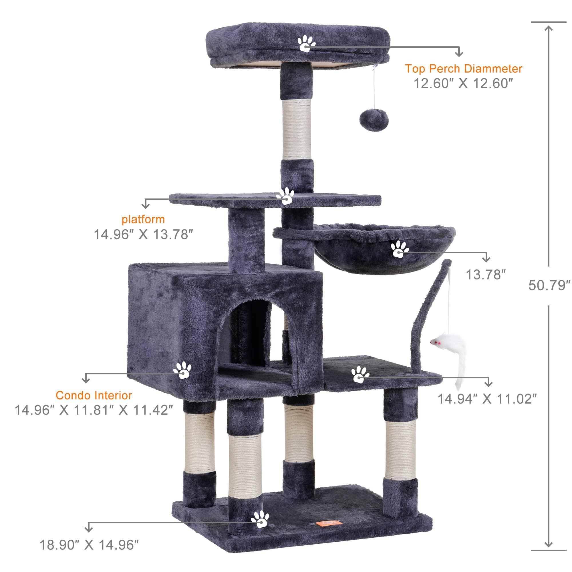 Heybly Cat Tree with Toy, 51 inches Cat Tower condo for Indoor Cats ...