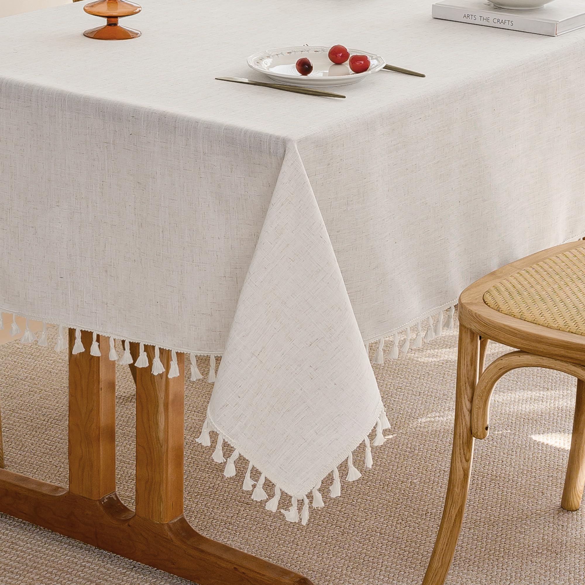 Amazon.com: mstexa Linen Rectangle Table Cloth with Tassel Farmhouse ...