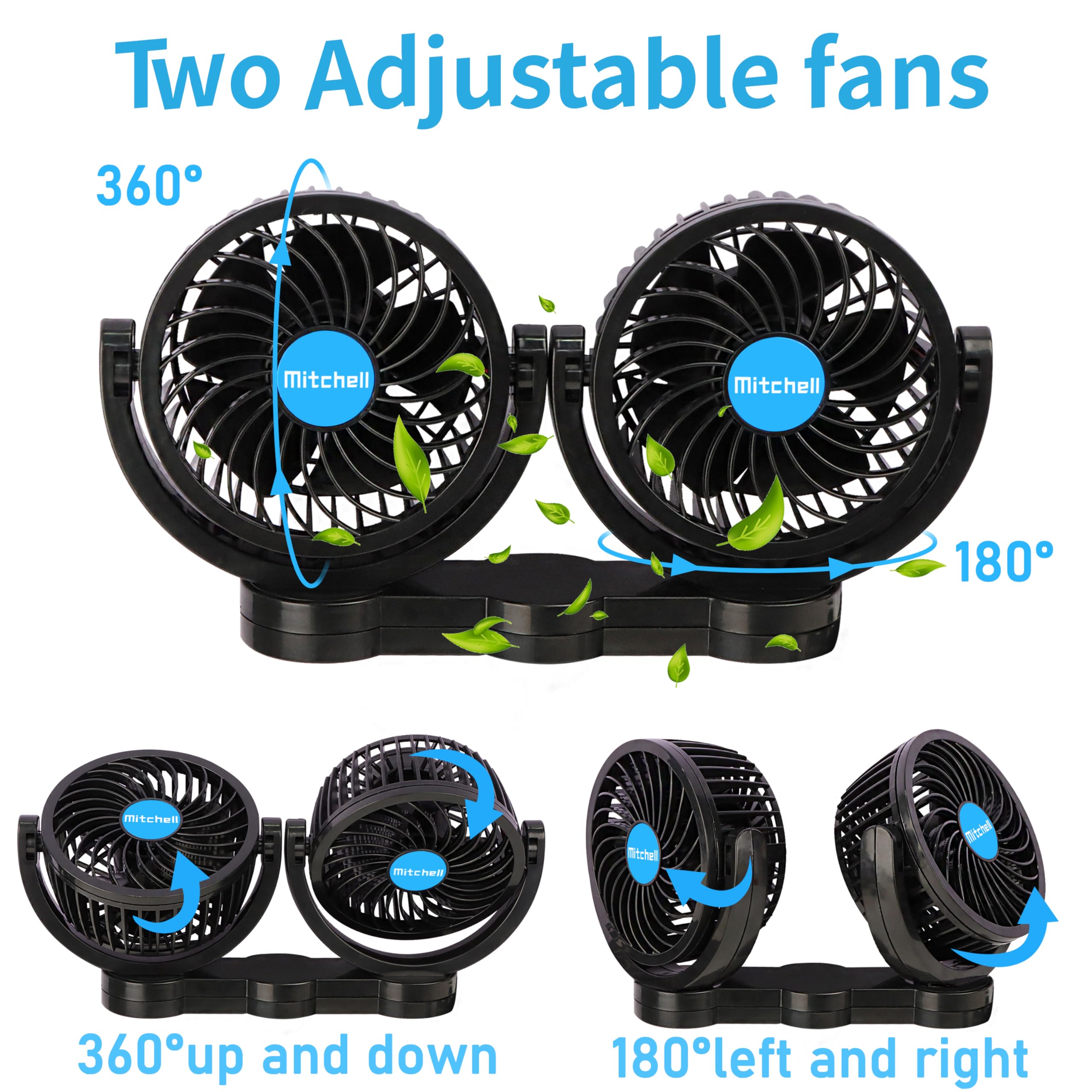 12V Car Fan, Adjustable 4 Inches Dual Head Car Clip Fan for Front/Rear ...