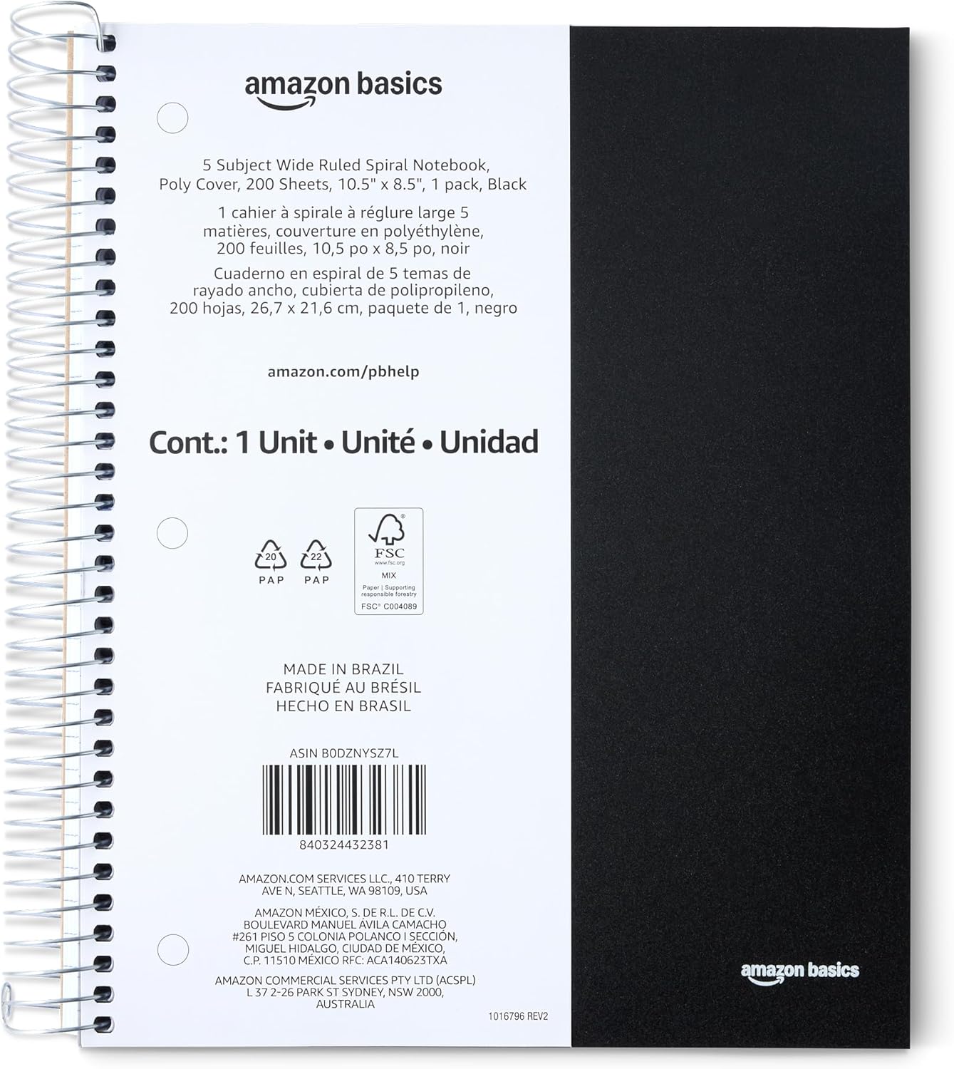 Amazon Basics Wide Ruled Spiral Notebook, Poly Cover, 5 Subject, for ...