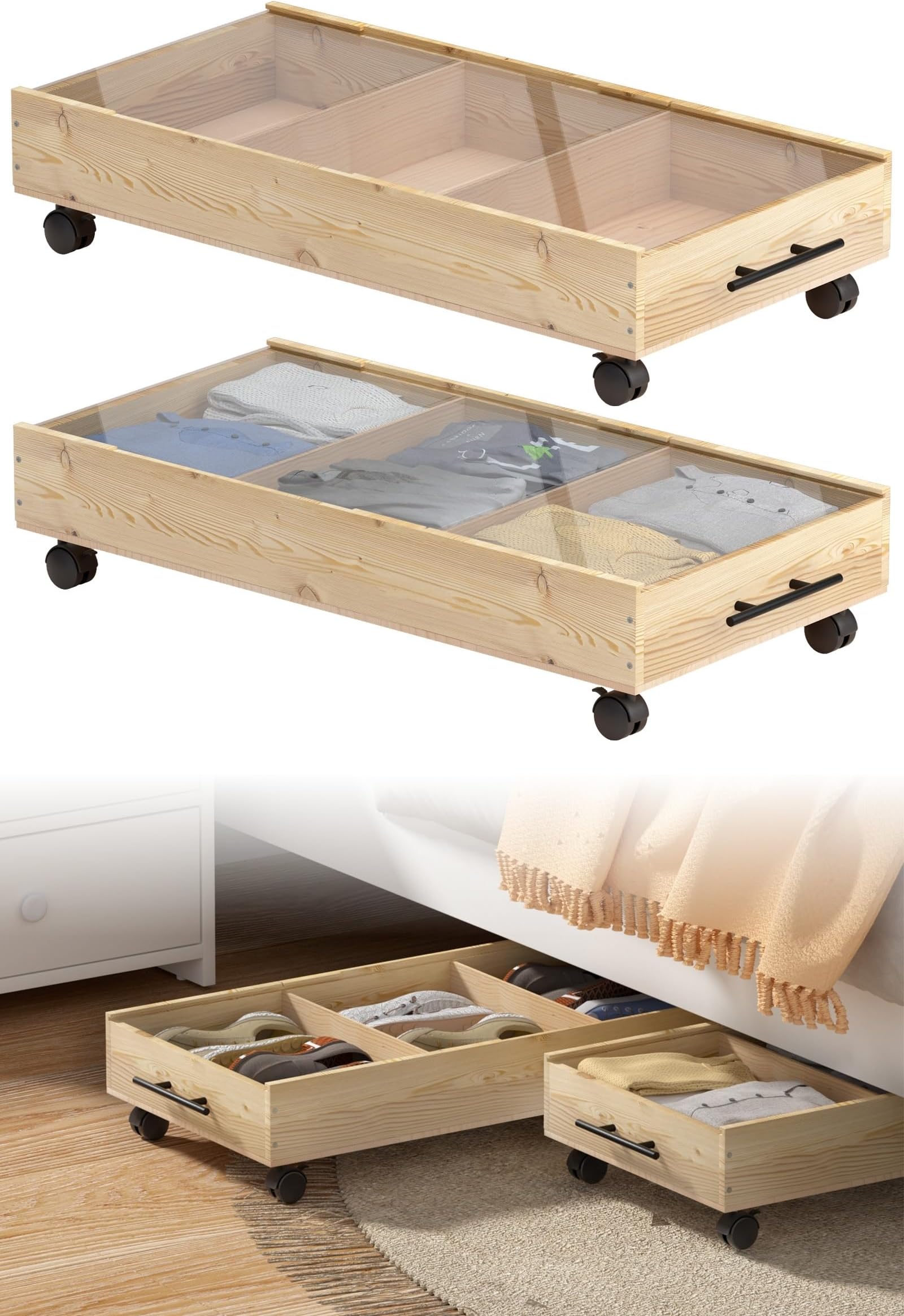 Amazon.com: Wooden Underbed Storage Drawers with Casters, Set of 2 ...