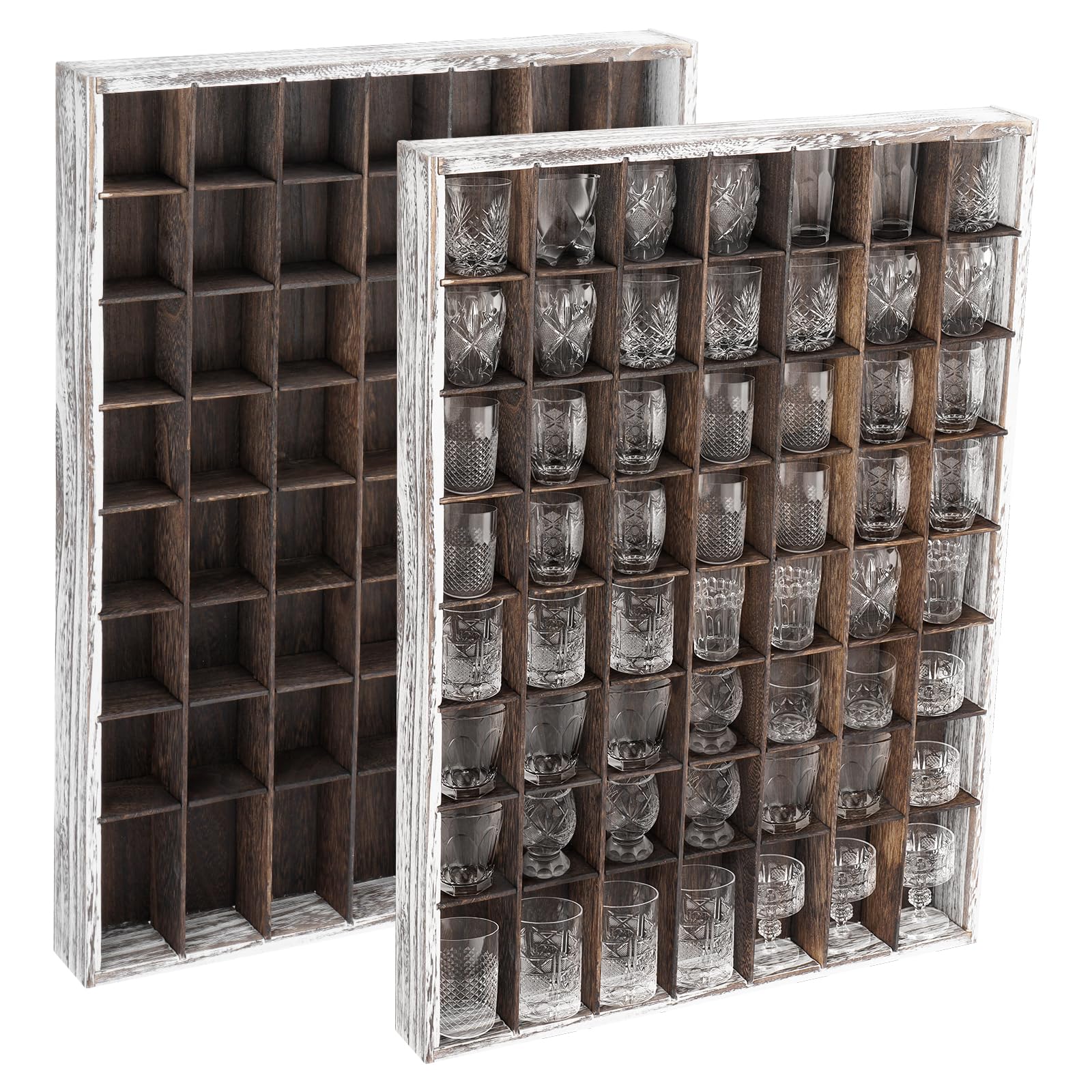 2 Pcs Rustic Wood Shot Glasses Holder 56 Slots Glass Display Case ...