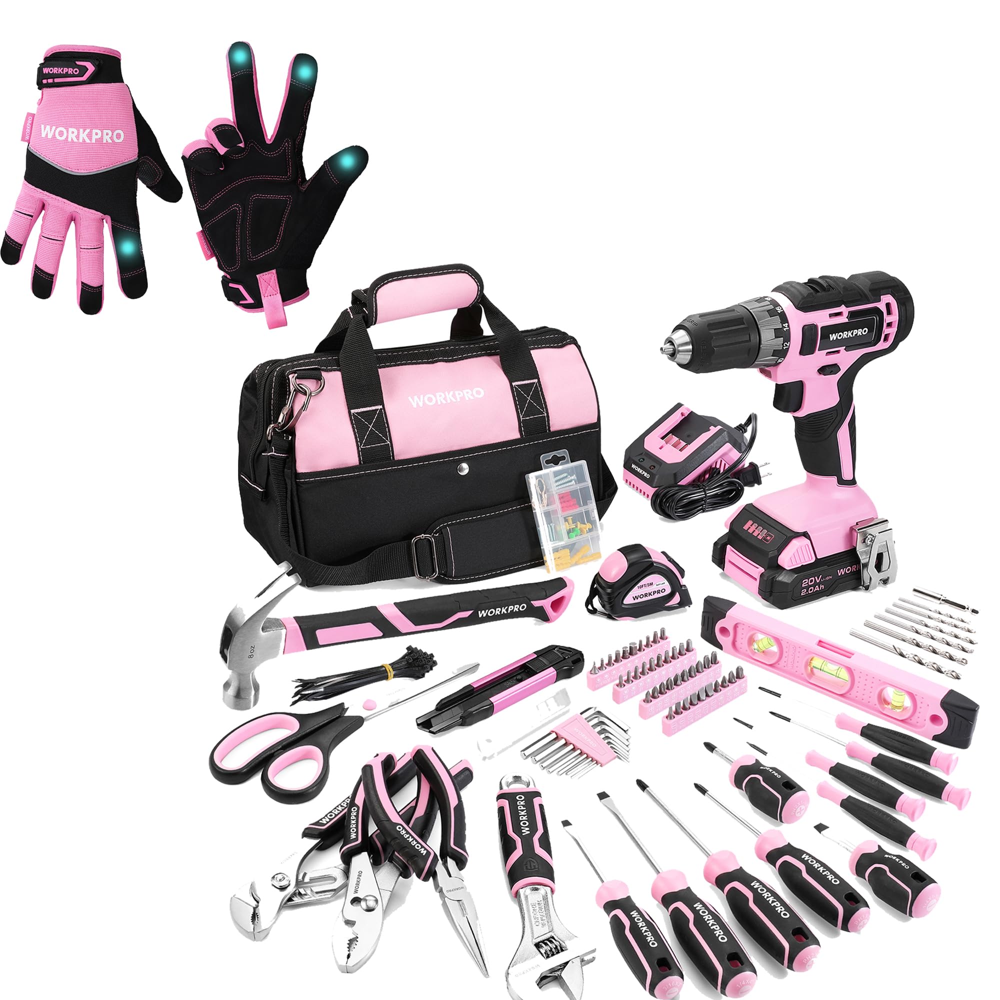 WORKPRO Safety Work Gloves & WORKPRO Pink Home Tool Kit with Drill ...