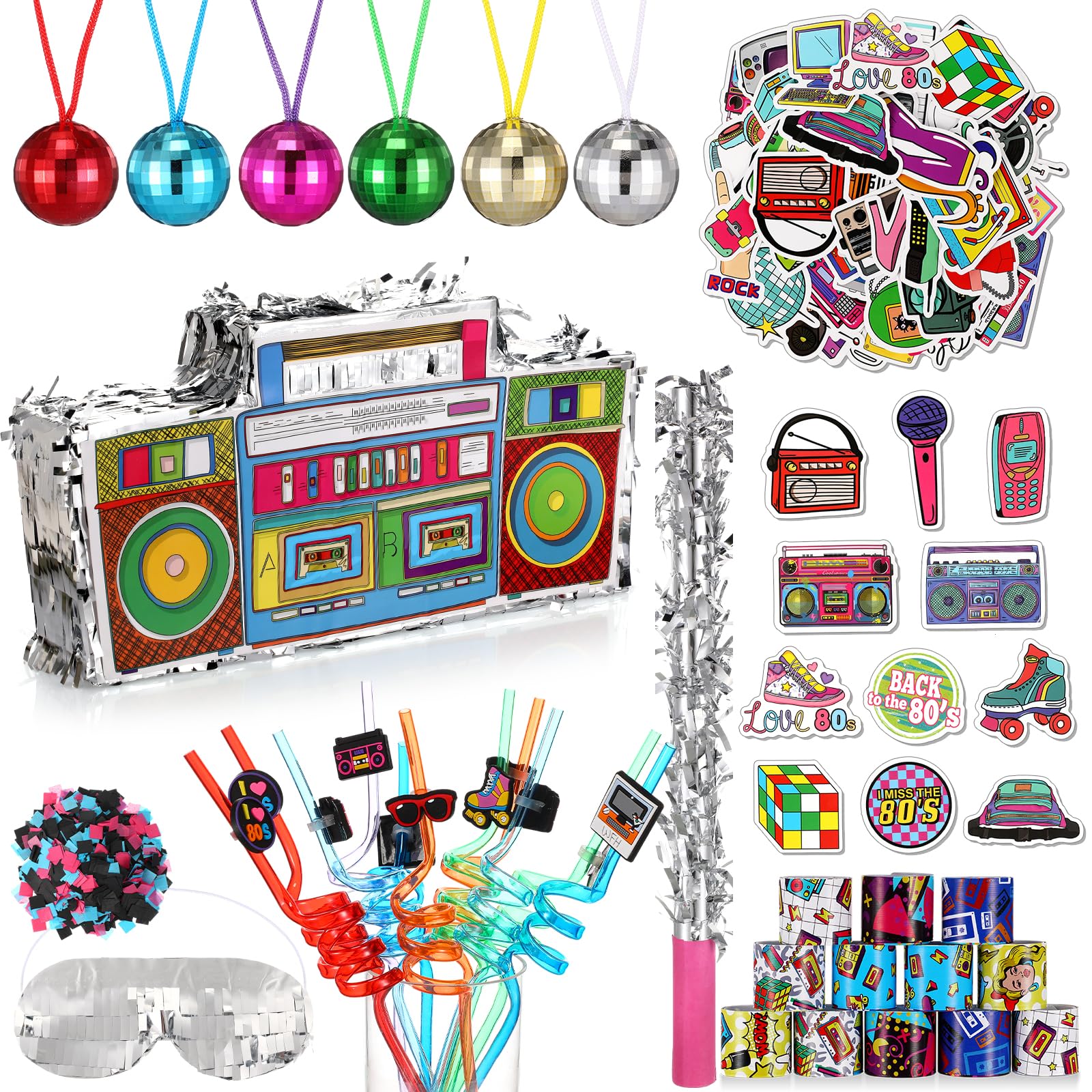 Amazon.com: Poen 110 Pcs 80s 90s Party Favors 1 Boombox Piñata 1 Piñata ...