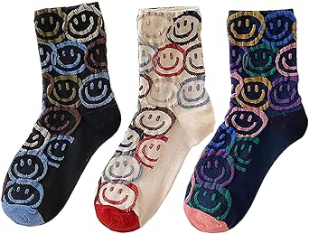 Amazon.com: IHAUIUE Smiley Face Embroidered Crew Socks Candy Color Boot ...