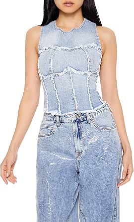 Forever 21 Women's Frayed Denim Cropped Tank Top at Amazon Women’s ...