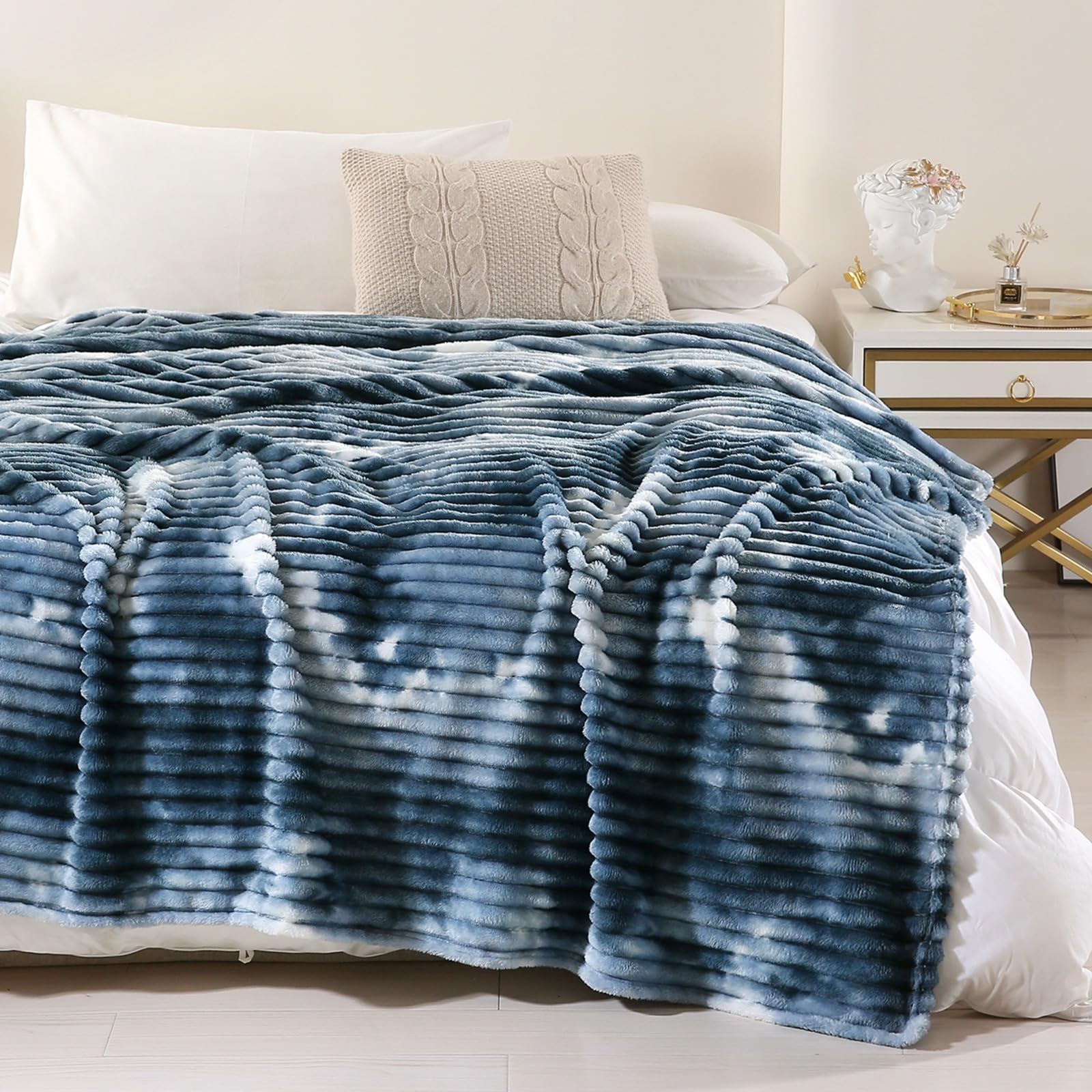 Amazon.com: PU MEI Flannel Fleece Throw Blanket Navy Blue Tie-Dye ...