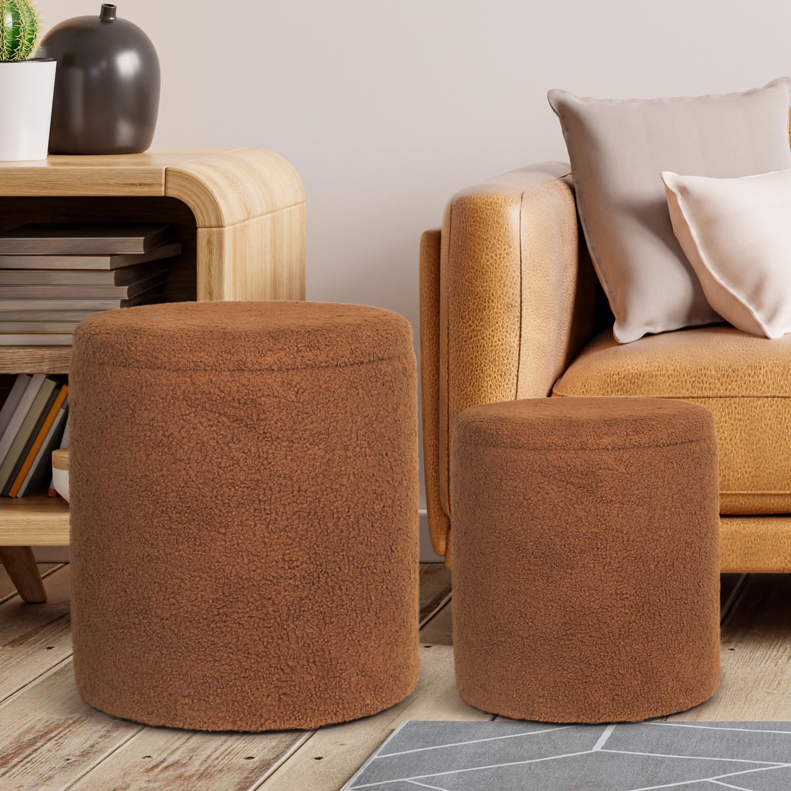 Amazon.com: OGEMXU 2 Set Round Ottoman with Storage, Boucle Teddy ...