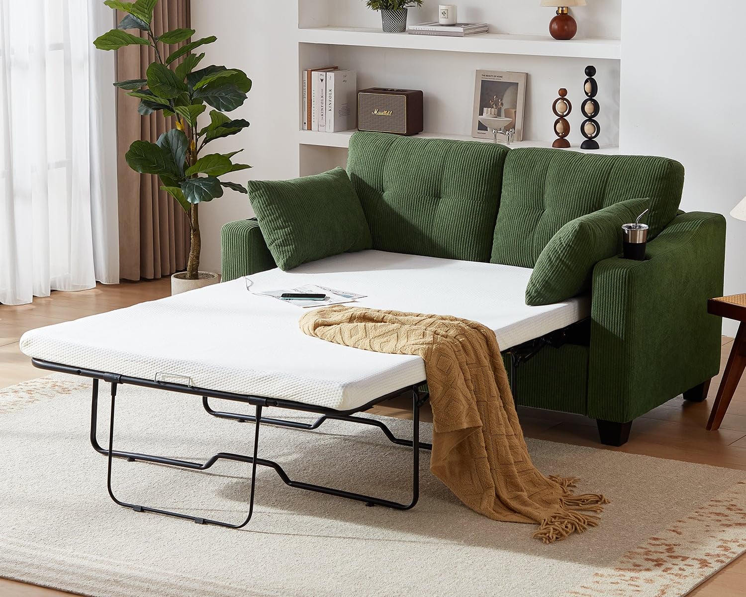 80 Inch Green Corduroy Multifunctional Expandable Sofa Bed With Cup ...