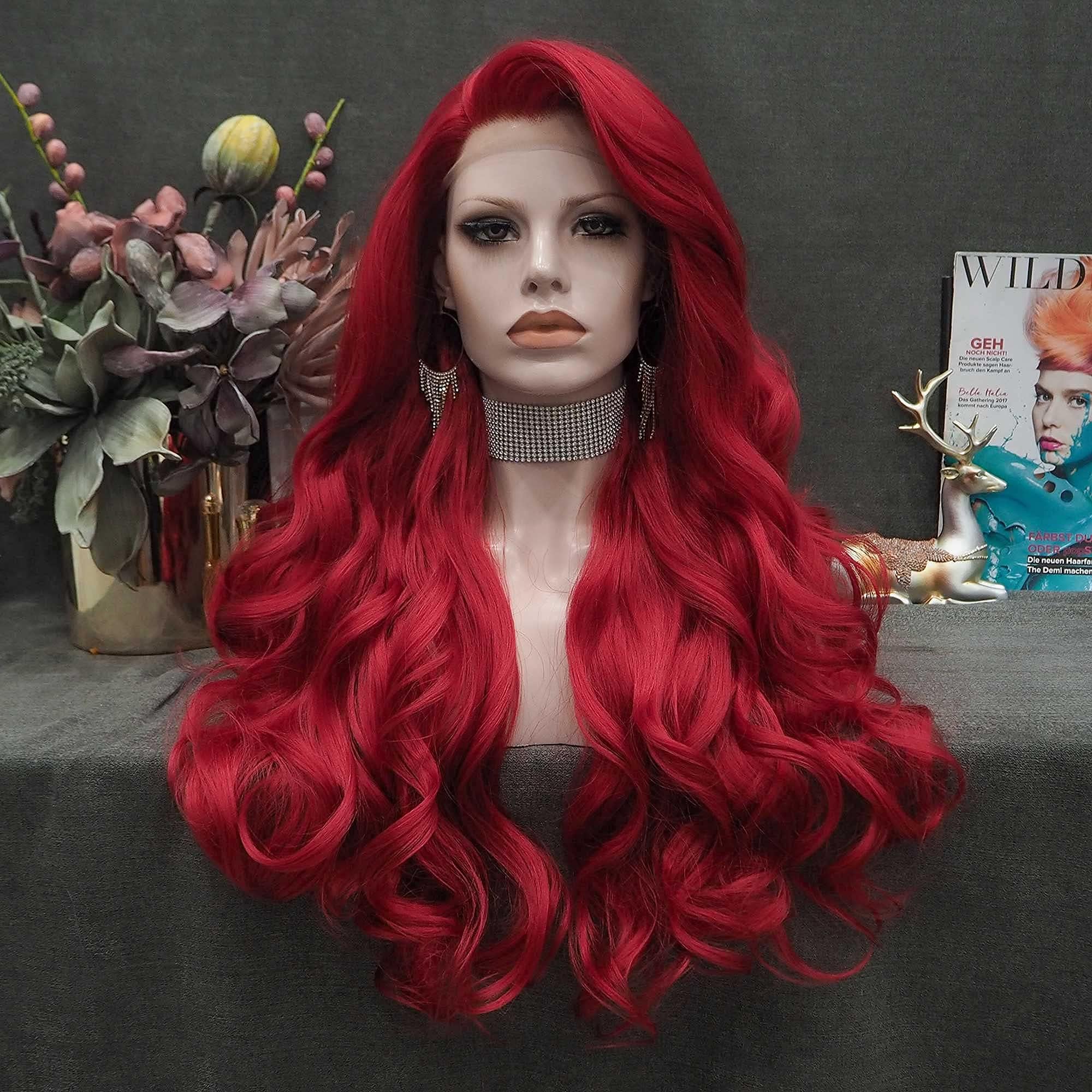 Amazon.com : IMSTYLE Red Lace Front Wigs Long Wavy Synthetic Wig for ...