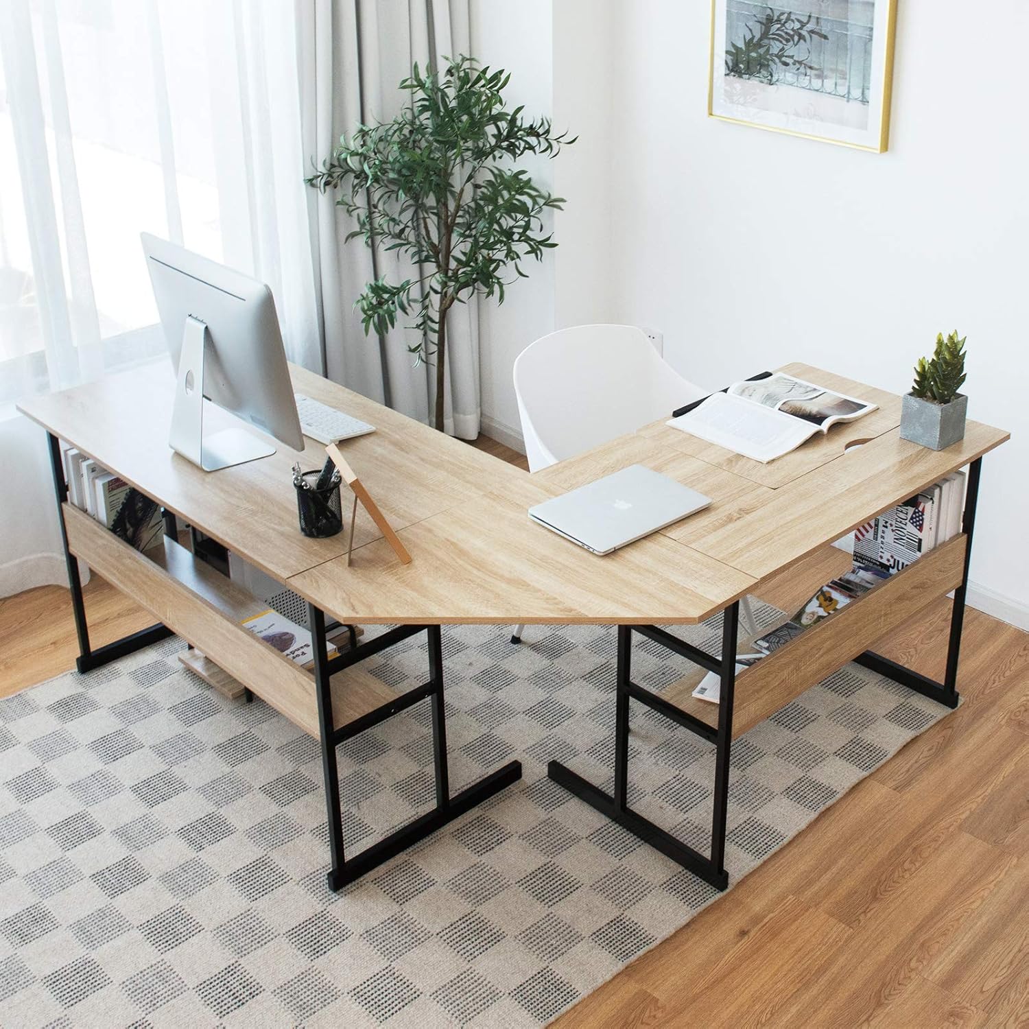 Tangkula 67-Inch L-Shaped Office Desk with Tiltable Drawing Board ...