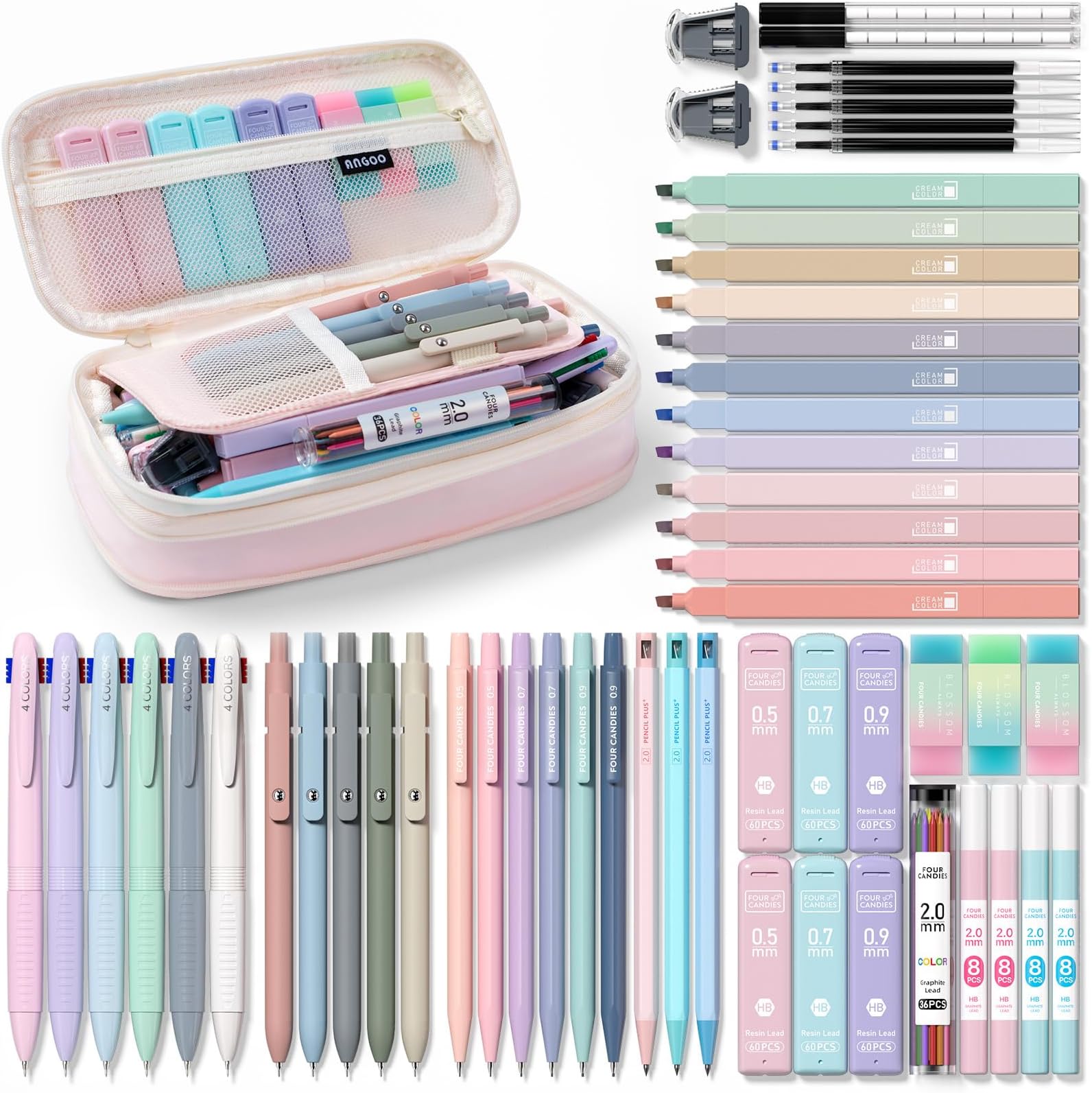 Four Candies 56 PCS Aesthetic School Supplies with Large Pencil Case, 6 Colored Ballpoint Pens ...