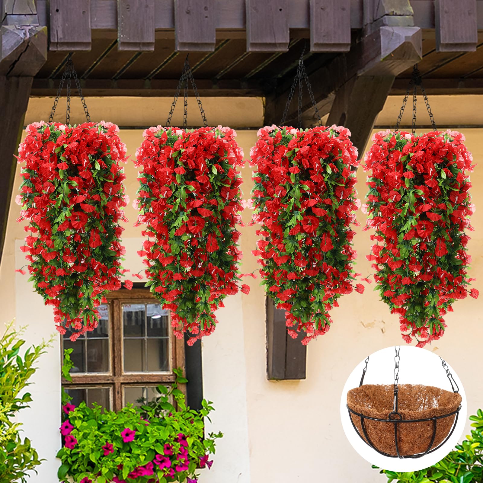 4 Set Artificial Hanging Flowers Basket Fake Vine Flowers UV Resistant ...