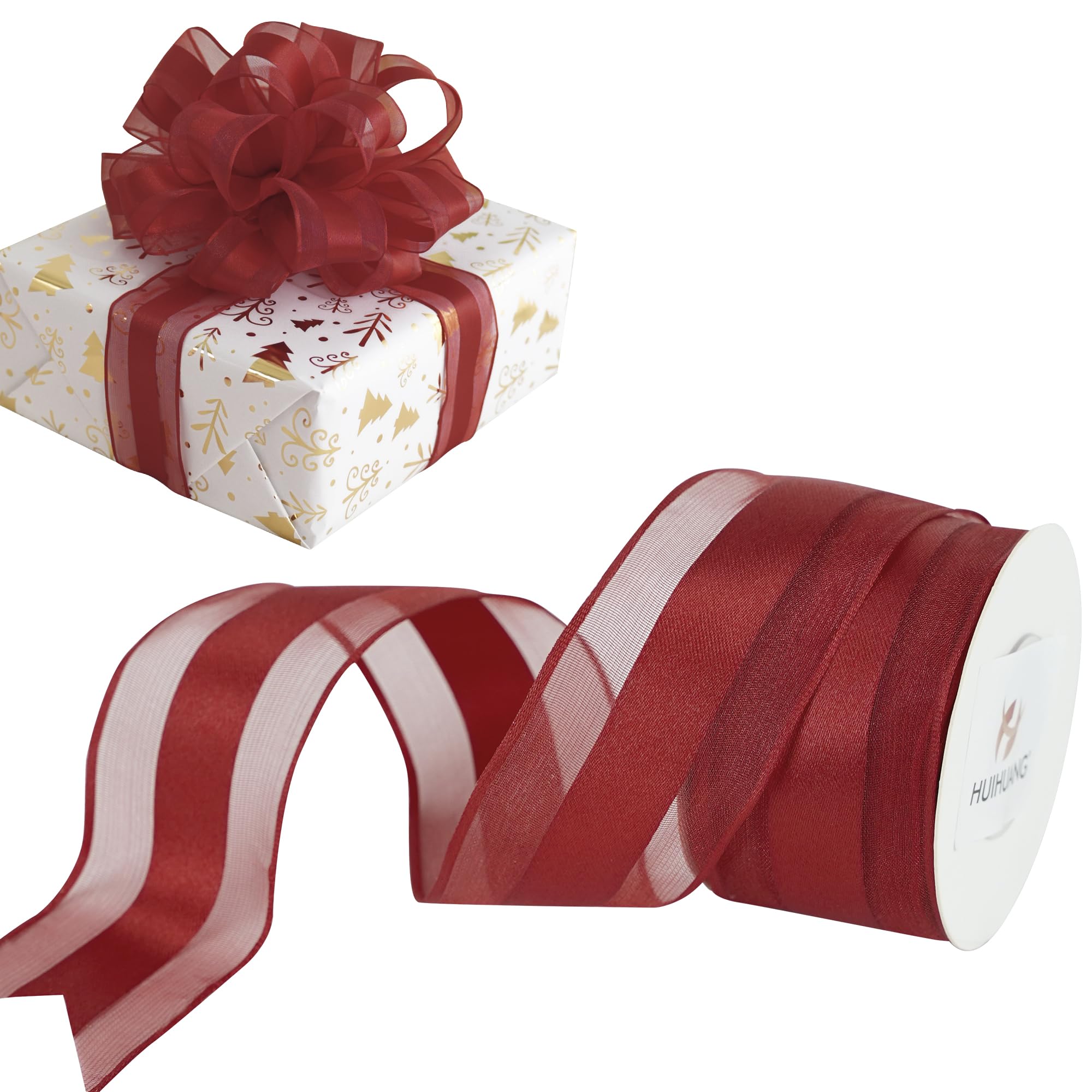 Amazon.com: HUIHUANG Red Sheer Wired Ribbon with Satin Stripe 1-1/2 ...