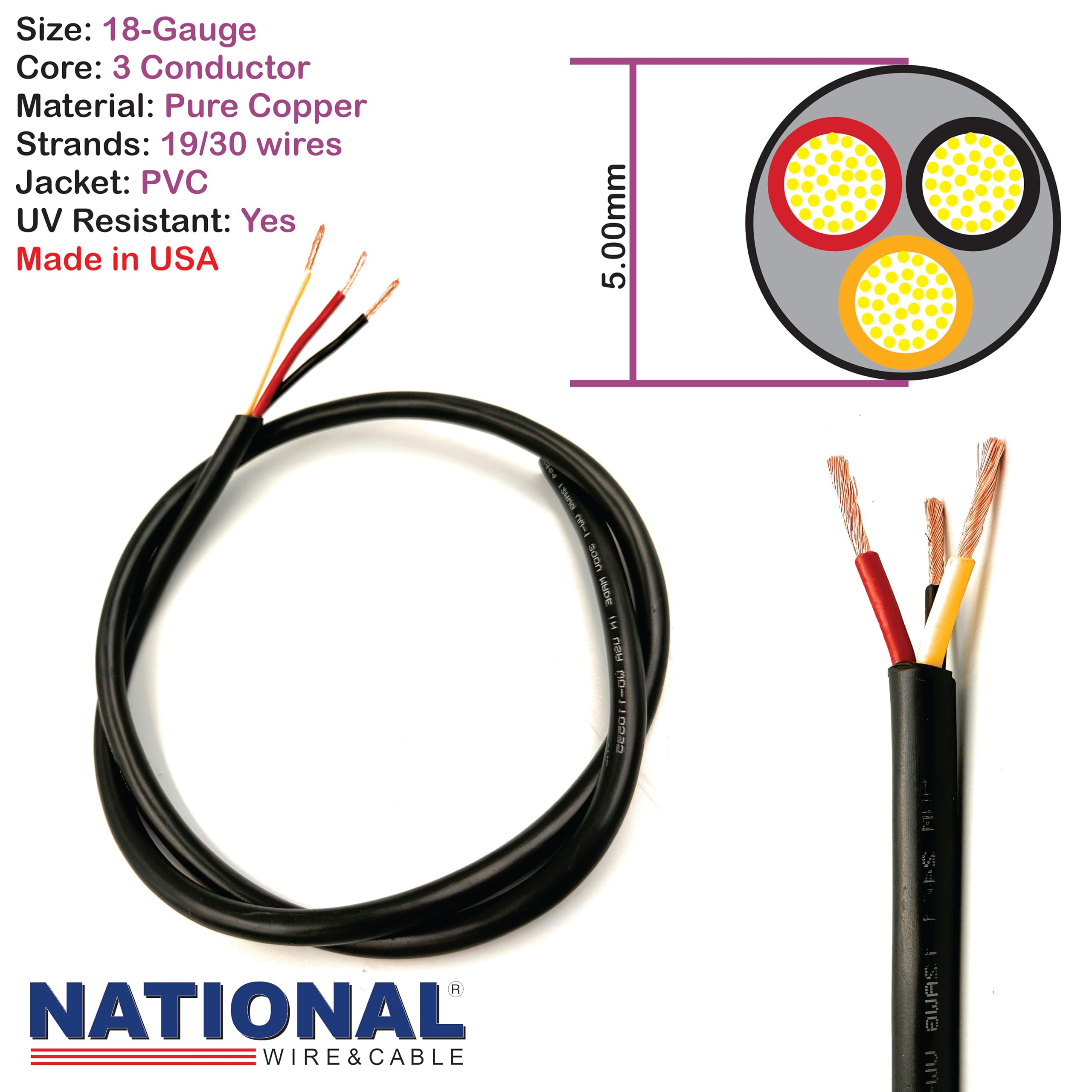 Snapklik.com : NATIONAL Wire & Cable 18 AWG 3-Conductor Premium Copper ...