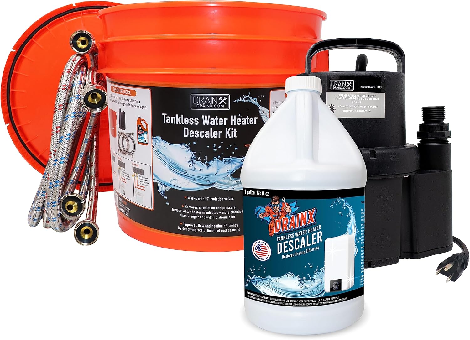 DrainX Tankless Water Heater Flush Kit with Gallon of Liquid Descaling ...