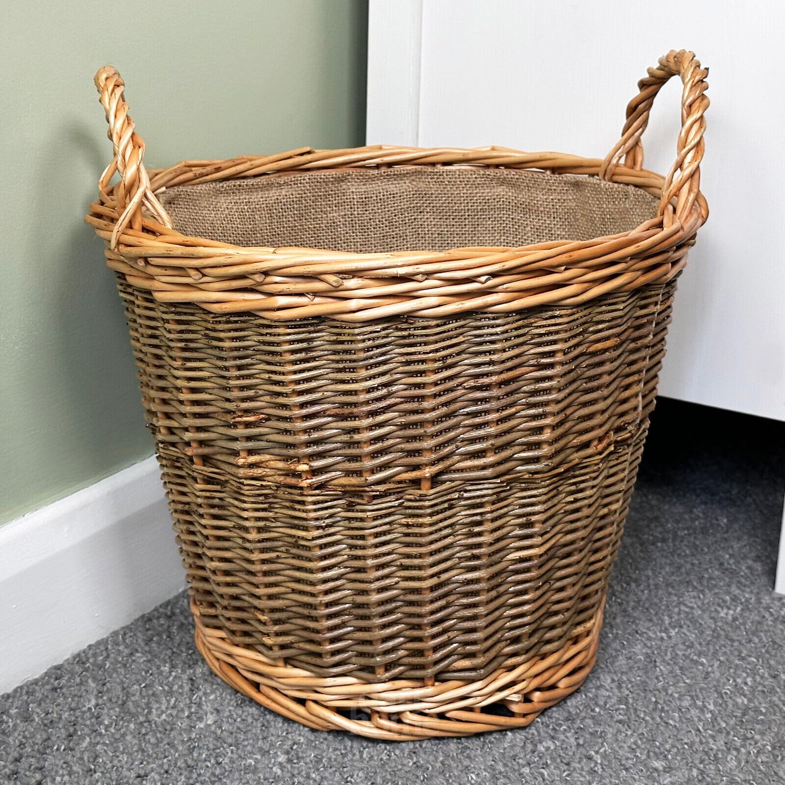 Unpeeled Log Basket 33cm Lined Woven Wicker Brown Round Fireplace ...