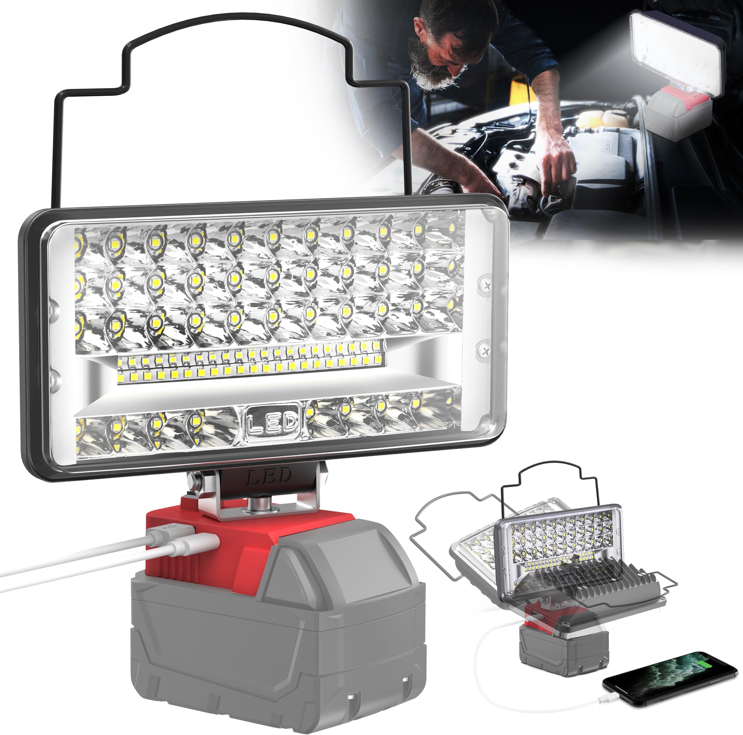 Hipoke LED Work Light for Milwaukee, 35W 2000LM Rechargeable Floodlight ...