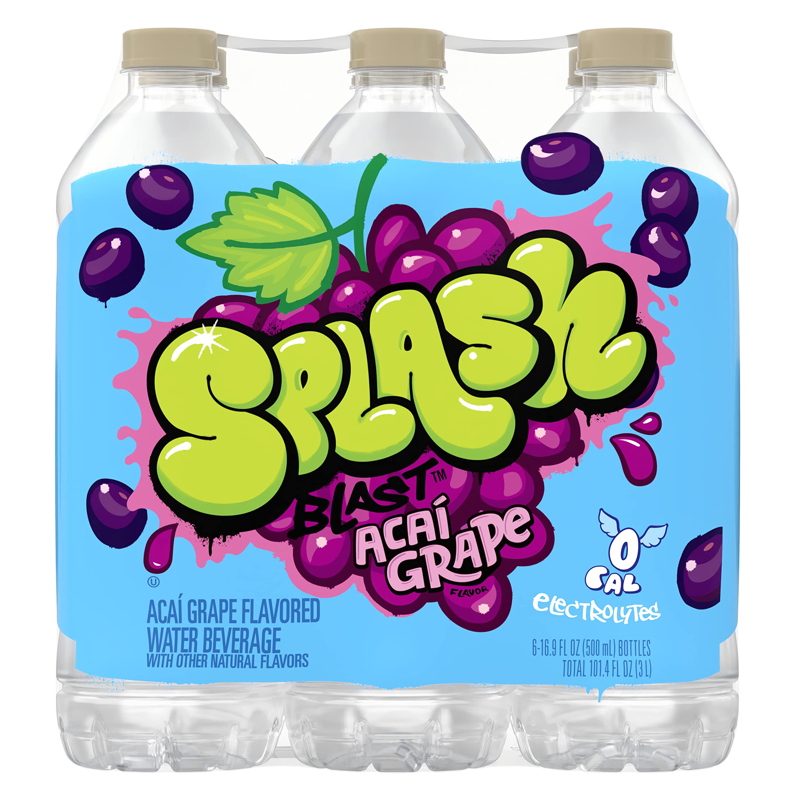 Splash Blast, Flavored Water Beverage, Acai Grape Flavor, 16.9 Fl Oz Plastic Bottles, 6 Pack ...