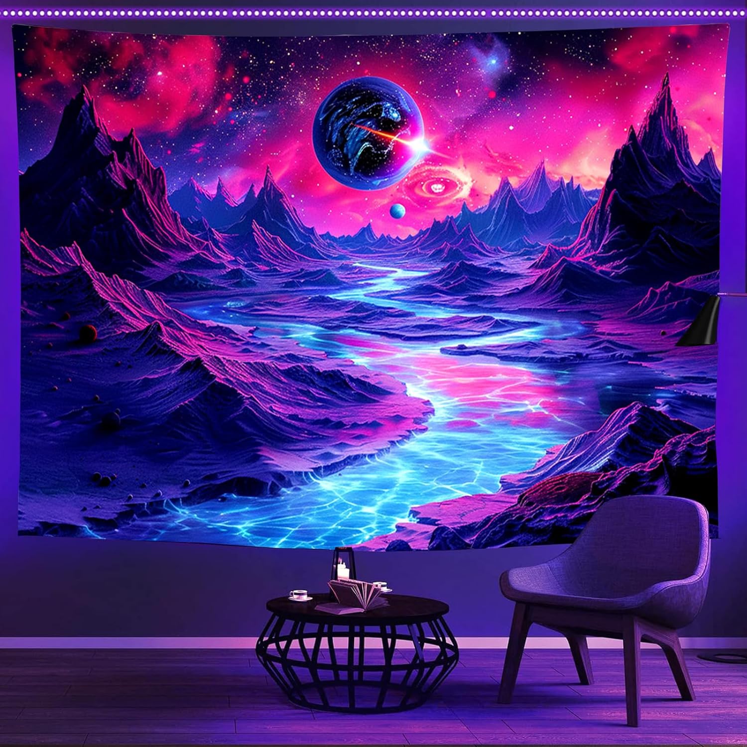 Amazon.com: TUGCAY Blacklight Planet and Mountain River Tapestry Galaxy ...