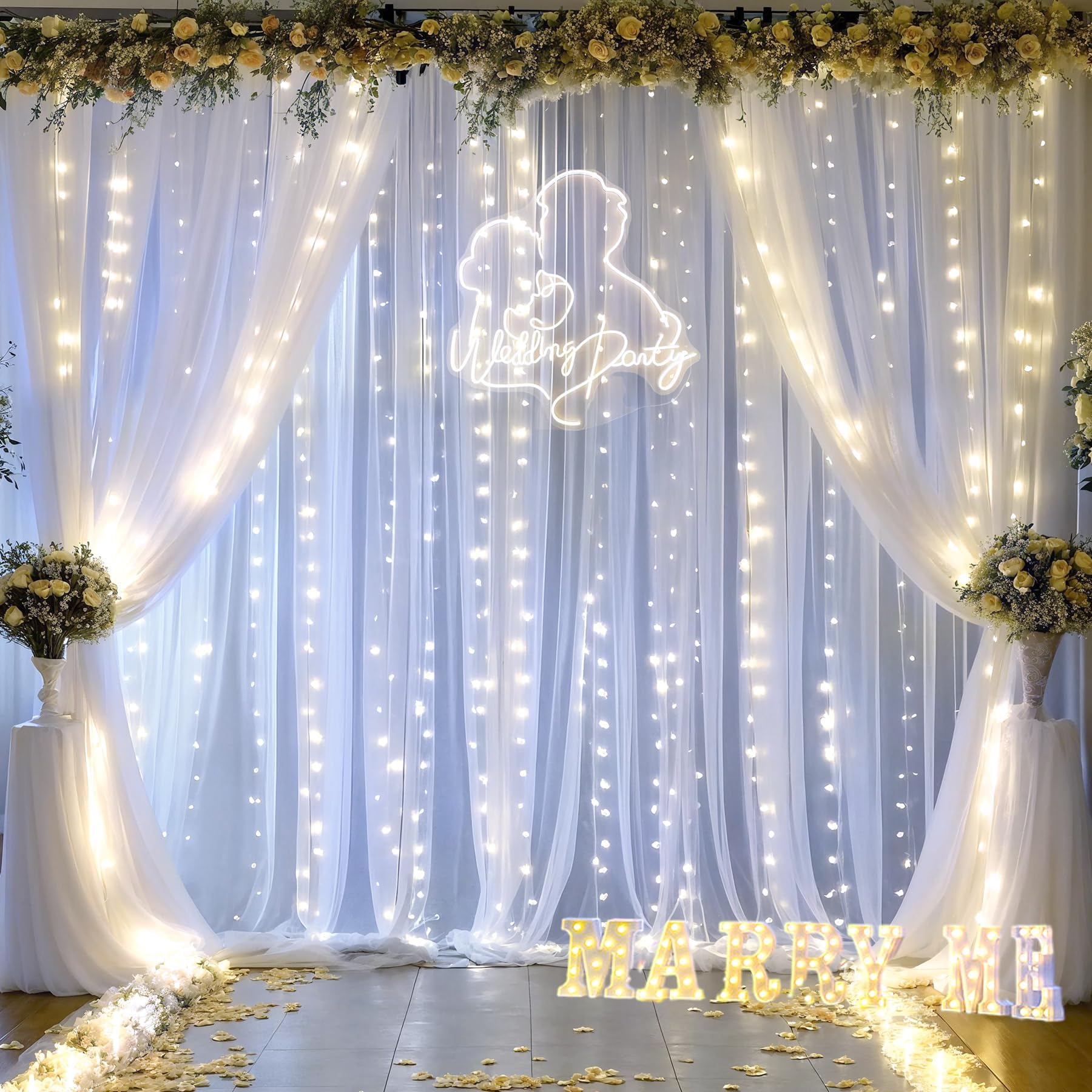 Amazon.com : 10ft x 10ft White Tulle Photo Backdrop Curtain with Lights ...