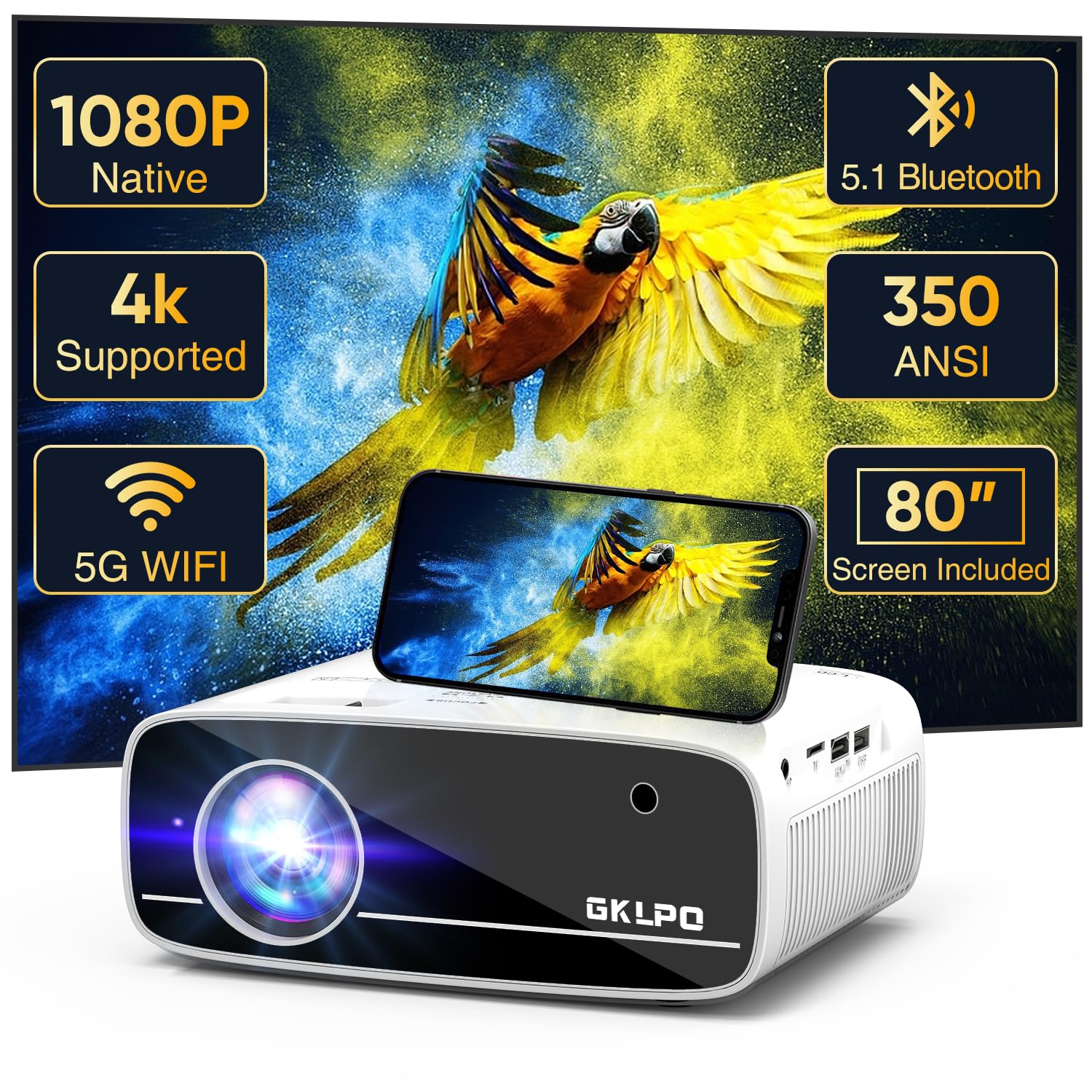 【Electric Keystone】 4K Projector with 5G WiFi and Two-Way Bluetoo ...