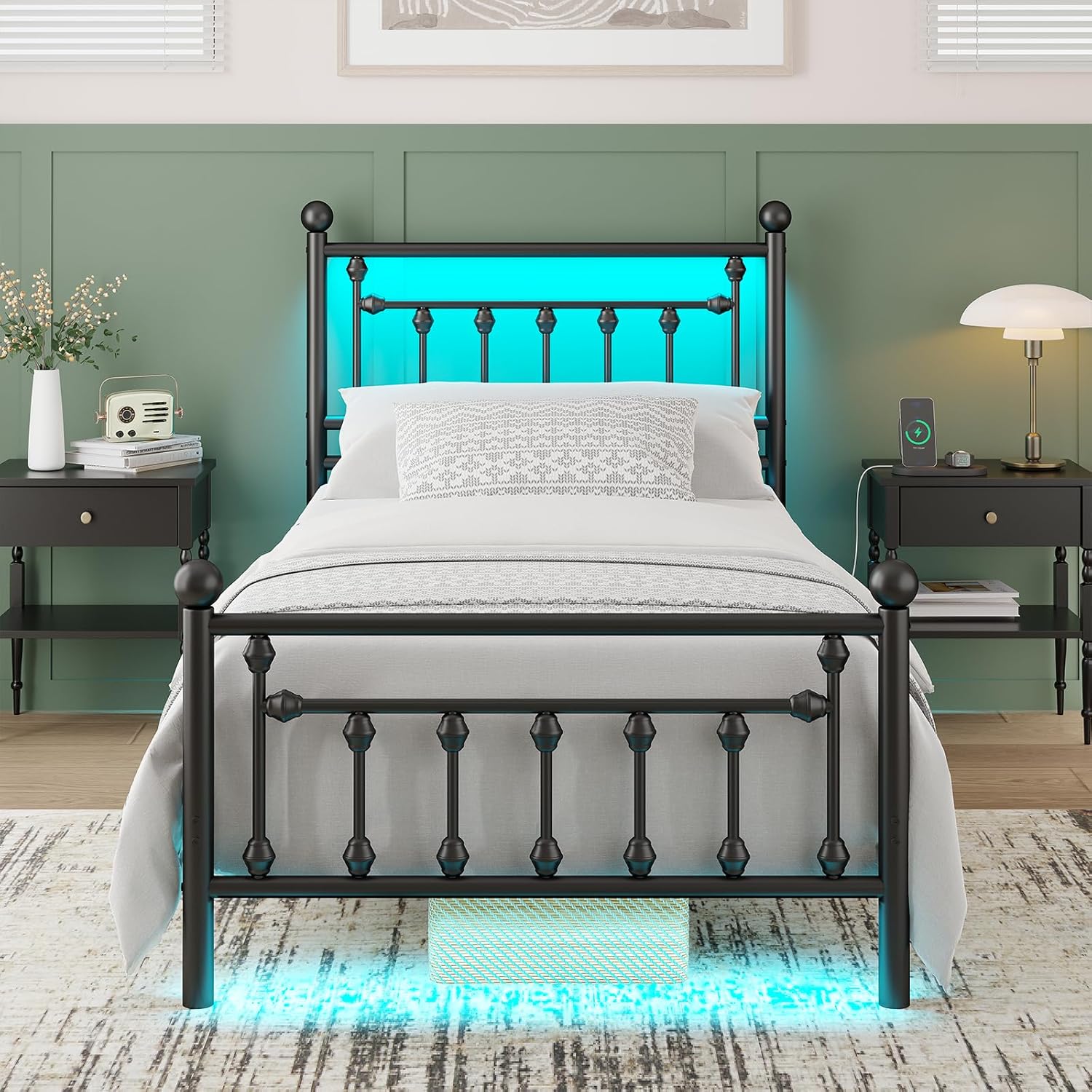 Amazon.com: PUNICE Bed Frame Twin Size with Charging Station, LED Bed ...
