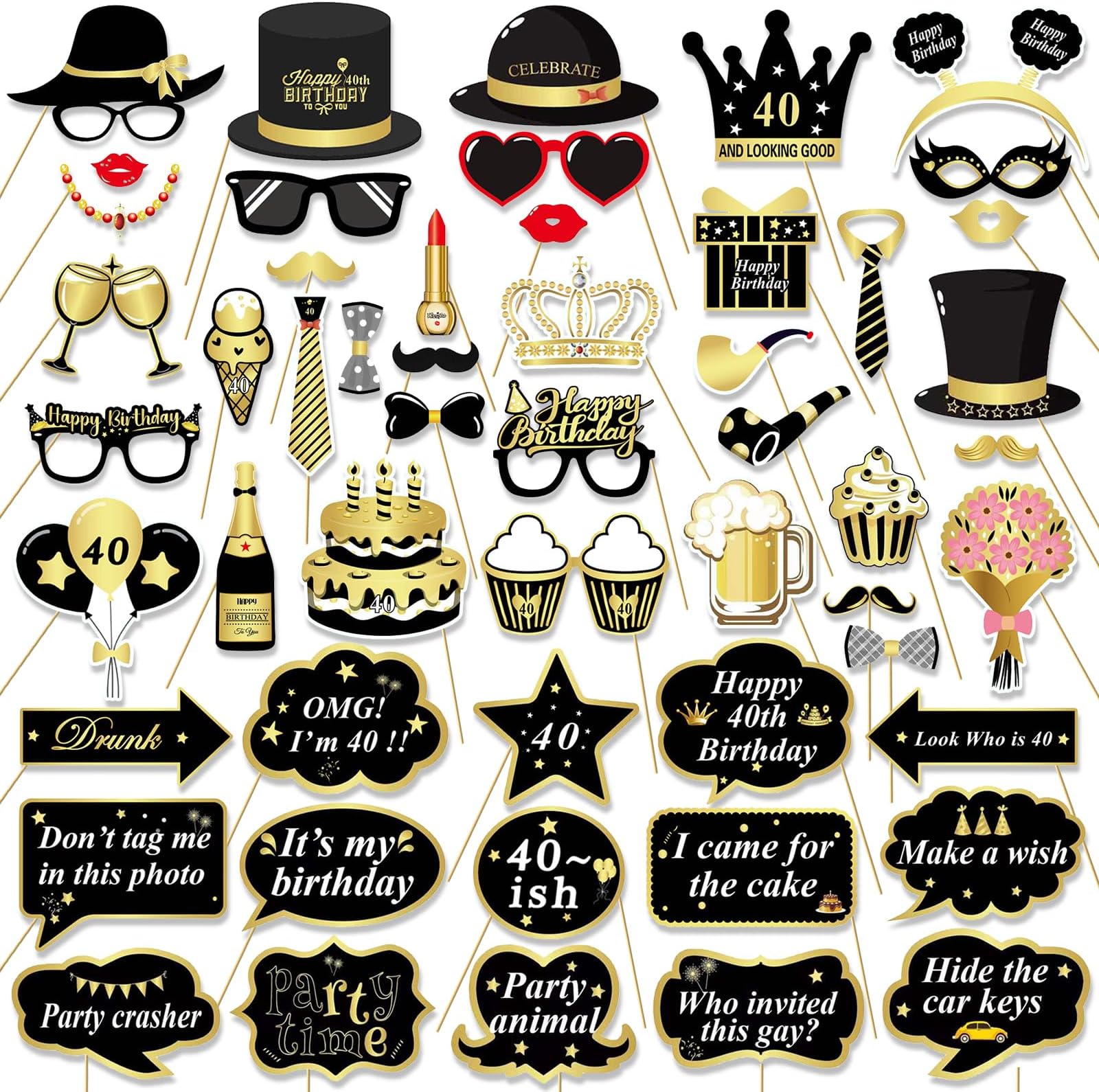 Amazon.com: 40th Birthday Party Photo Booth Props (53Pcs) for Her Him ...