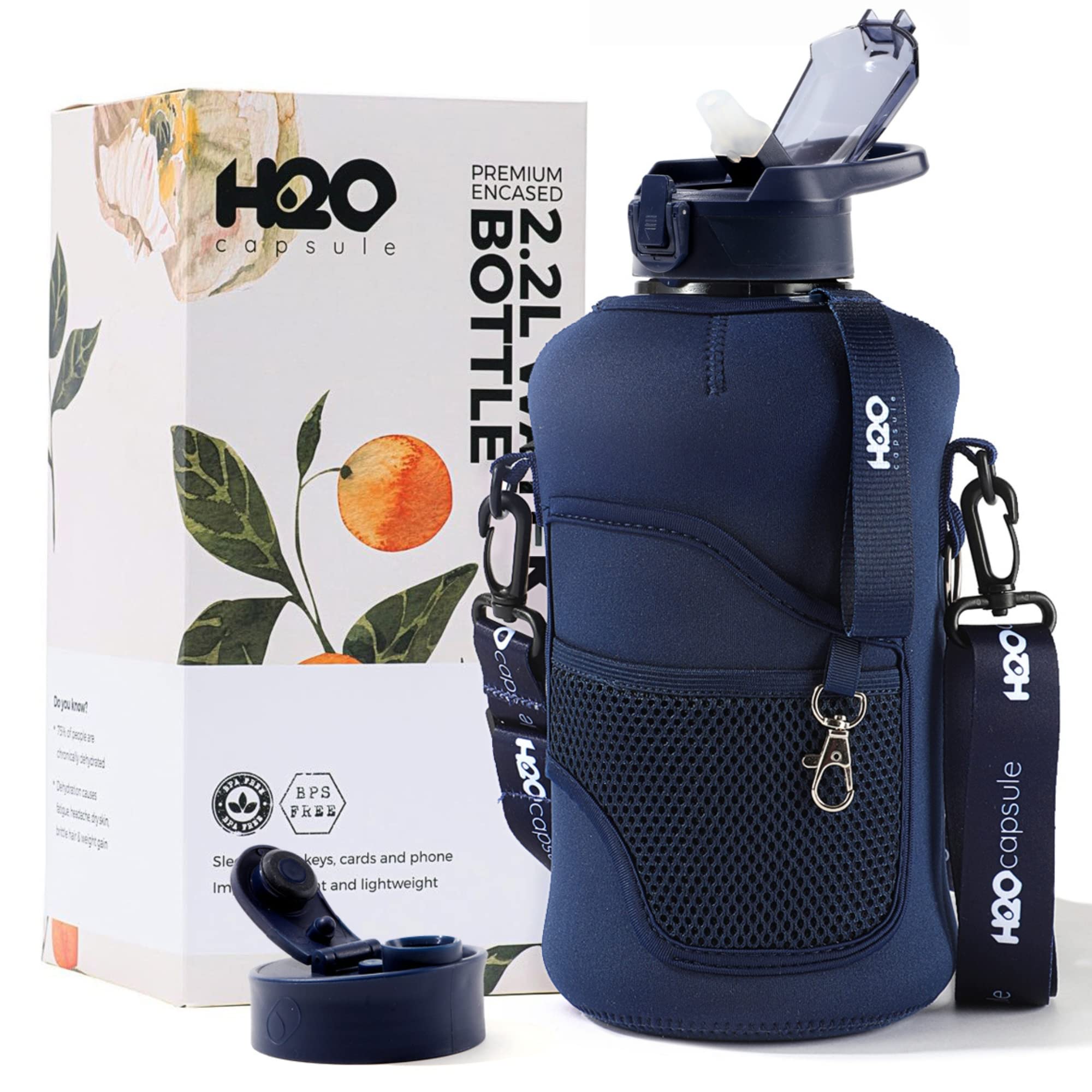 Buy H2O 2.2L Half Gallon Water Bottle with Storage Sleeve and Removable ...