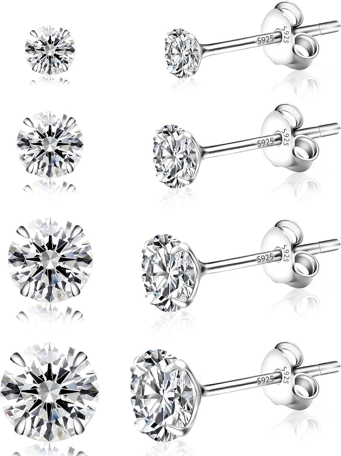 Yiorxu 4 Paar Ohrringe Silber 925 für Damen, Ohrstecker Silber 925, 5A+ Zirkonia, Größe: 3/4/5/6 ...