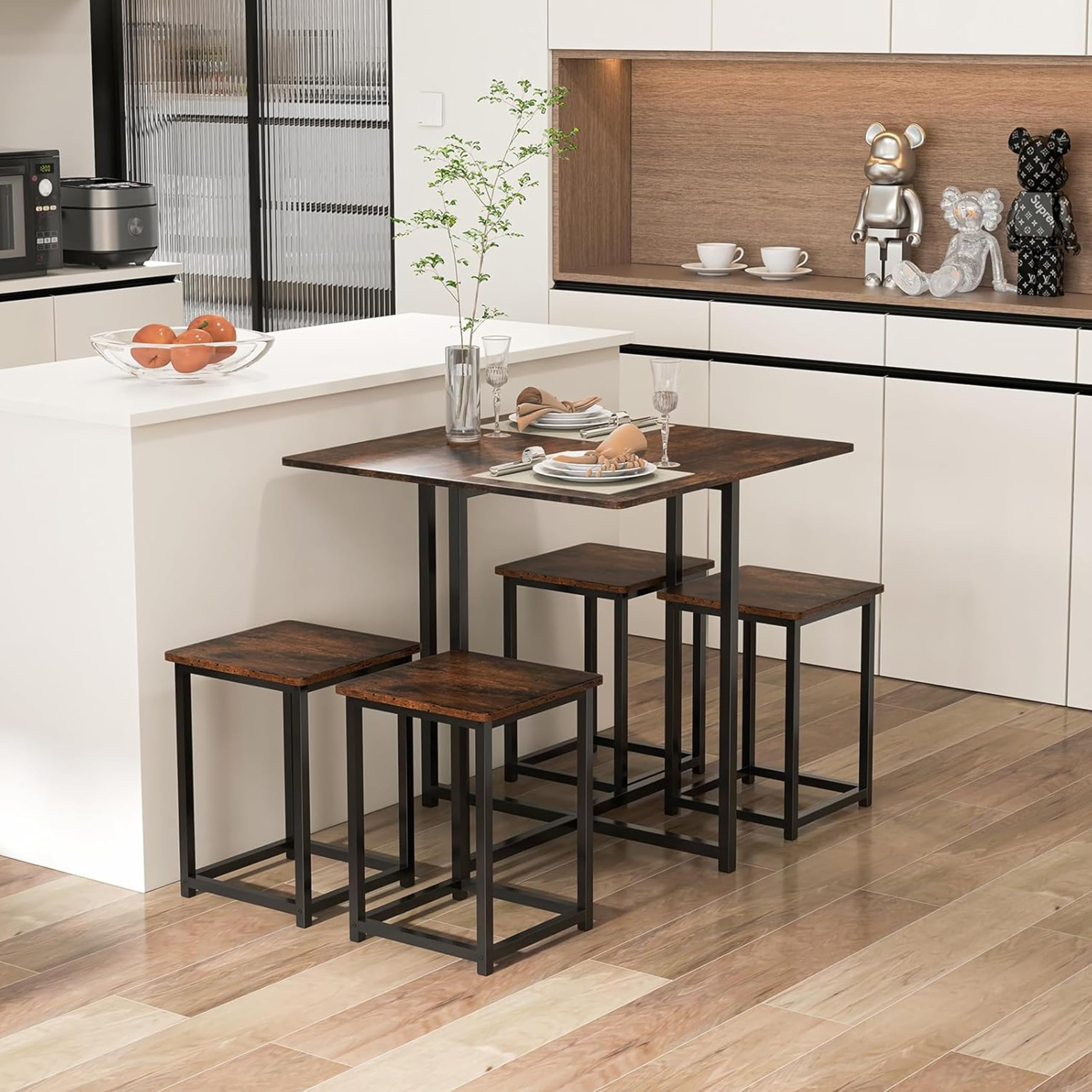 CLOUDZILLA- Metal & Engineer Wood Dining Table Set Black 2.6 x 2.6 Ft ...