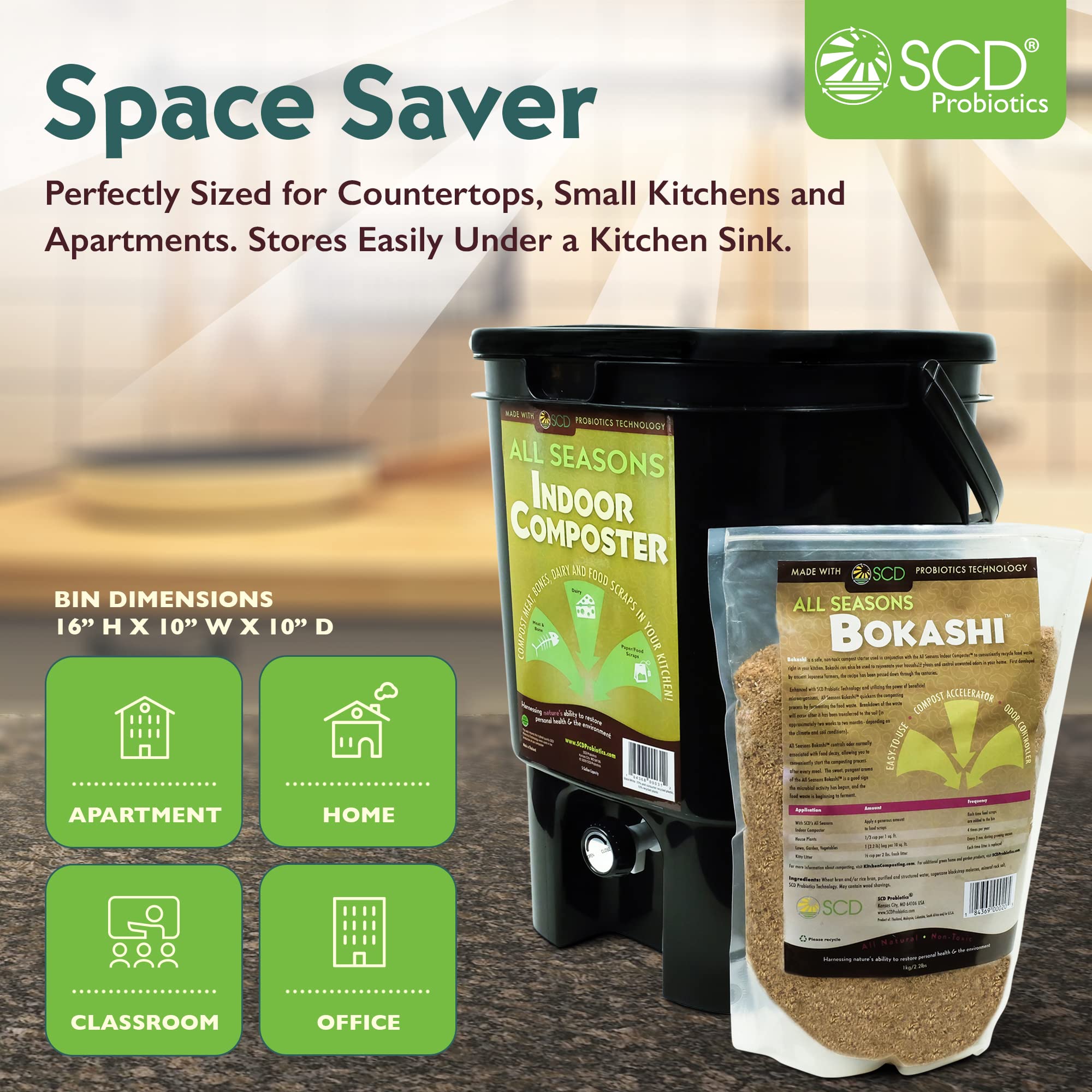 All Seasons Indoor Composter Starter Kit – 5 Gallon Black Compost Bin ...