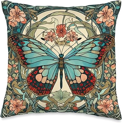 Amazon.com: Butterfly Art Nouveau- Blue, Beige, Orange & Sage Green Throw Pillow : Home & Kitchen