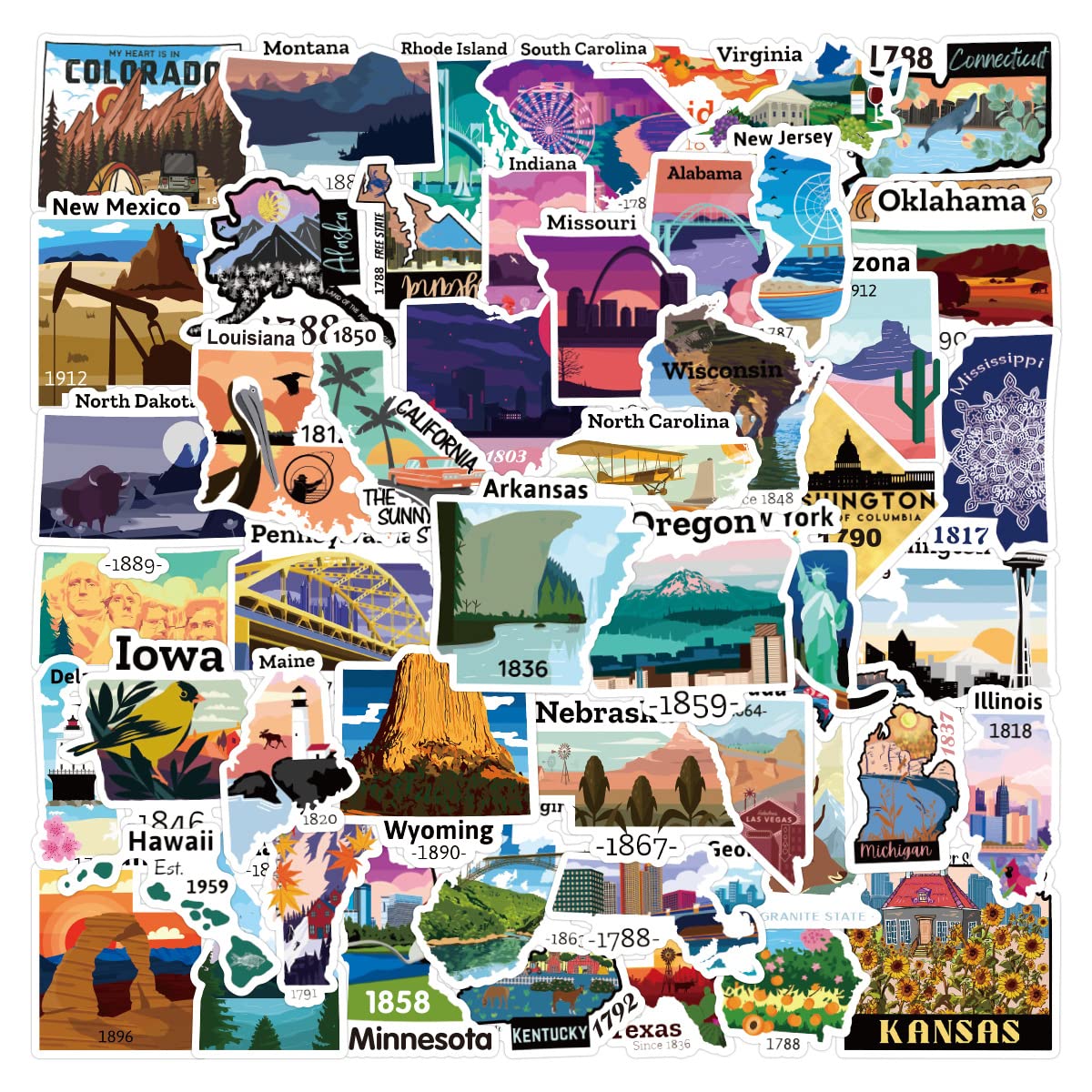 50pcs US State Stickers, United States Travel Map Destination Decals ...