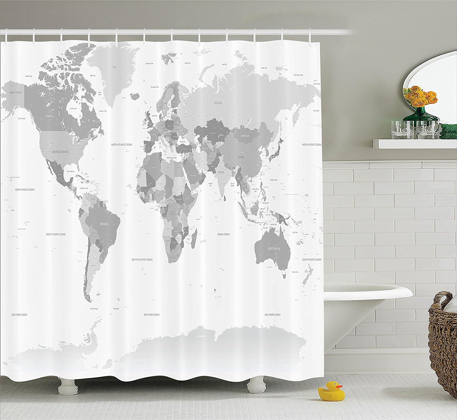 KRISTI MCCARTNEY Grey Decor Shower Curtain, Detailed World Map with All ...