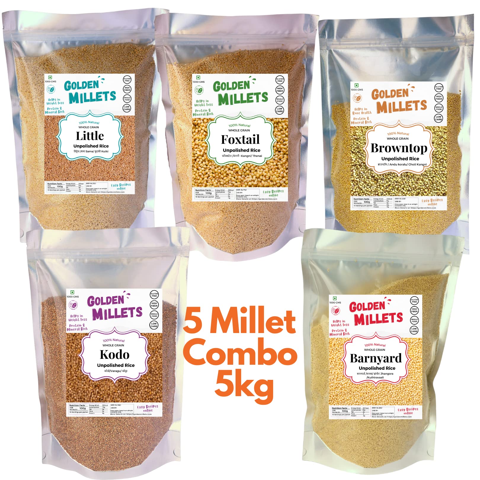 Buy GOLDEN MILLETS Saver Combo-5 Millet Rice 1Kg Kodo, Foxtail ...