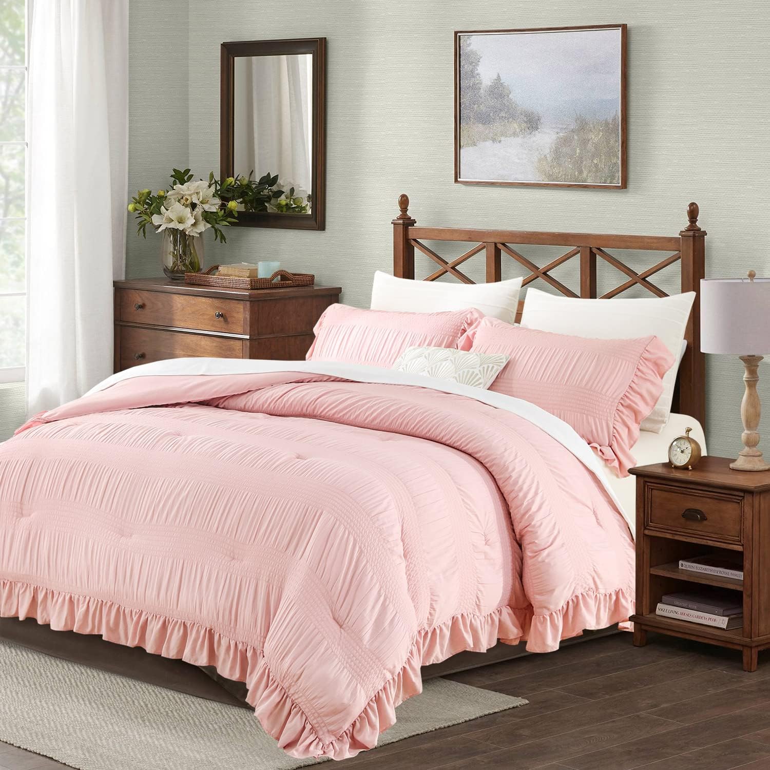 Amazon.com: ALEISSEL Blush Pink Comforter Set King Seersucker Design ...