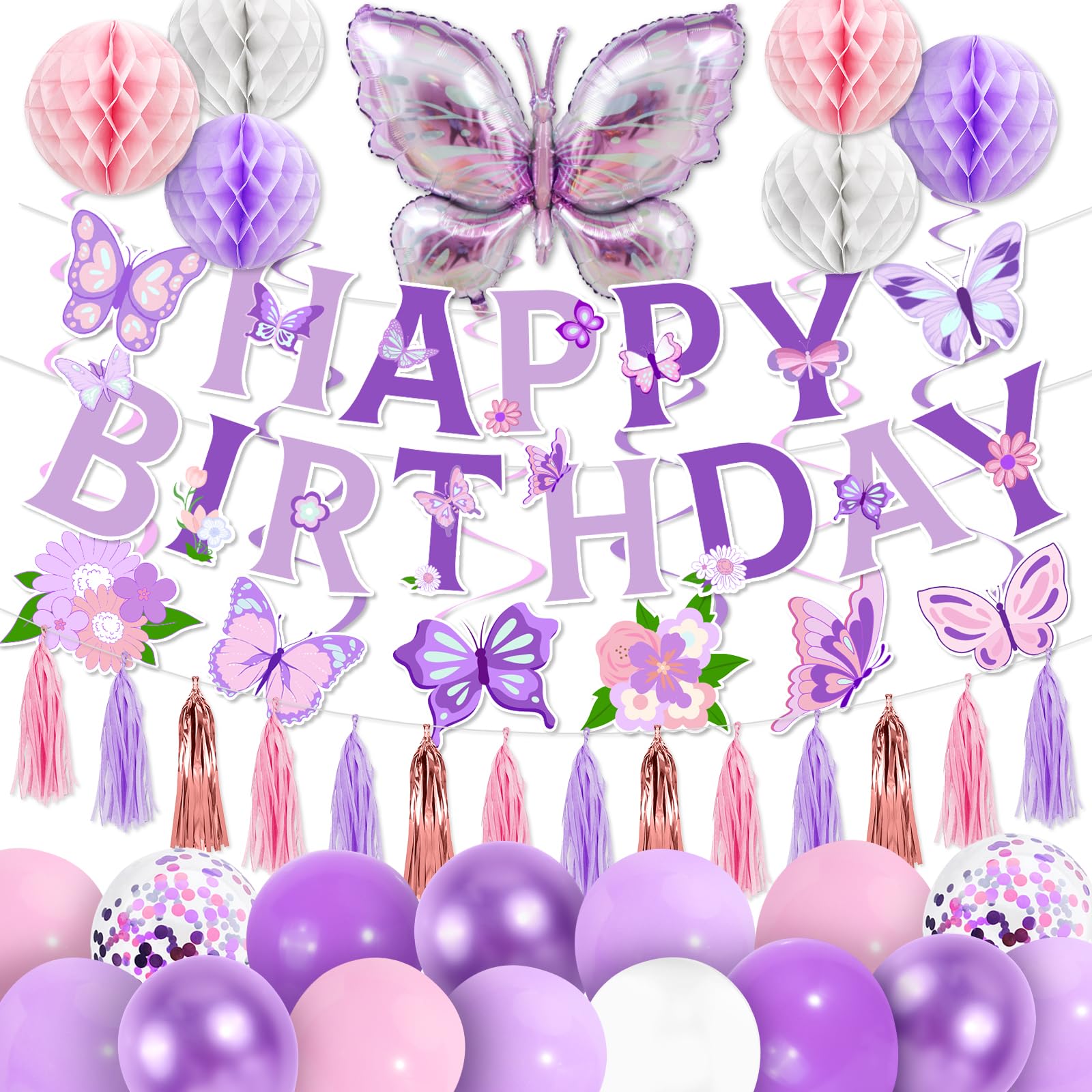 Amazon.com: 53pcs Butterfly Birthday Decorations, Purple Butterfly ...