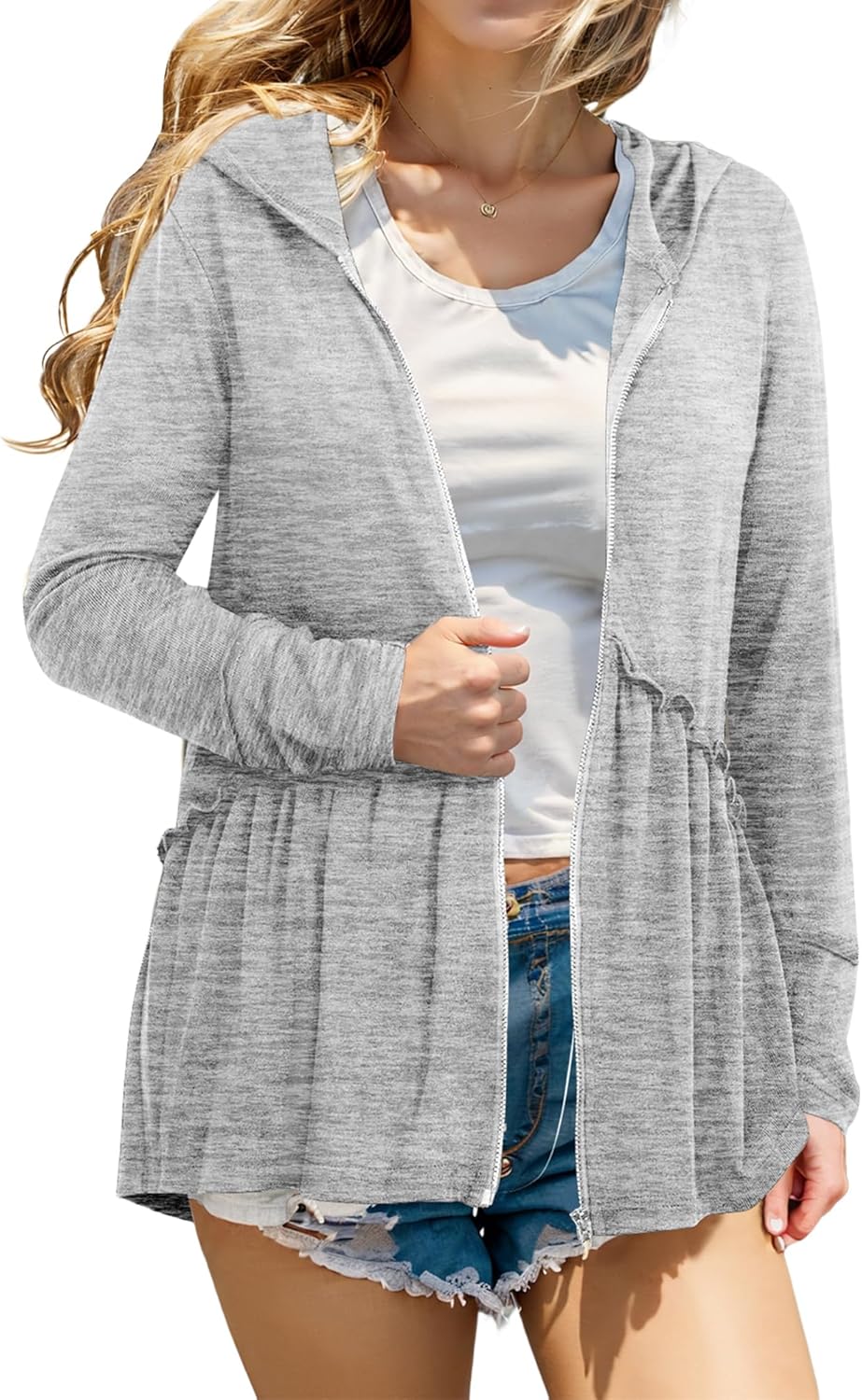 Amazon.com: DEESHA Full Zip Up Hoodie for Women Pleated Tiered Ruffle ...