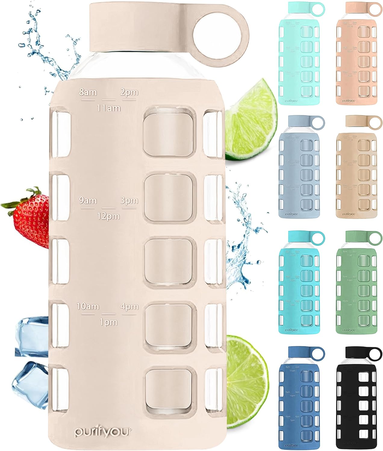 Amazon.com: purifyou 40/32/22/12 oz Borosilicate Glass Water Bottles ...