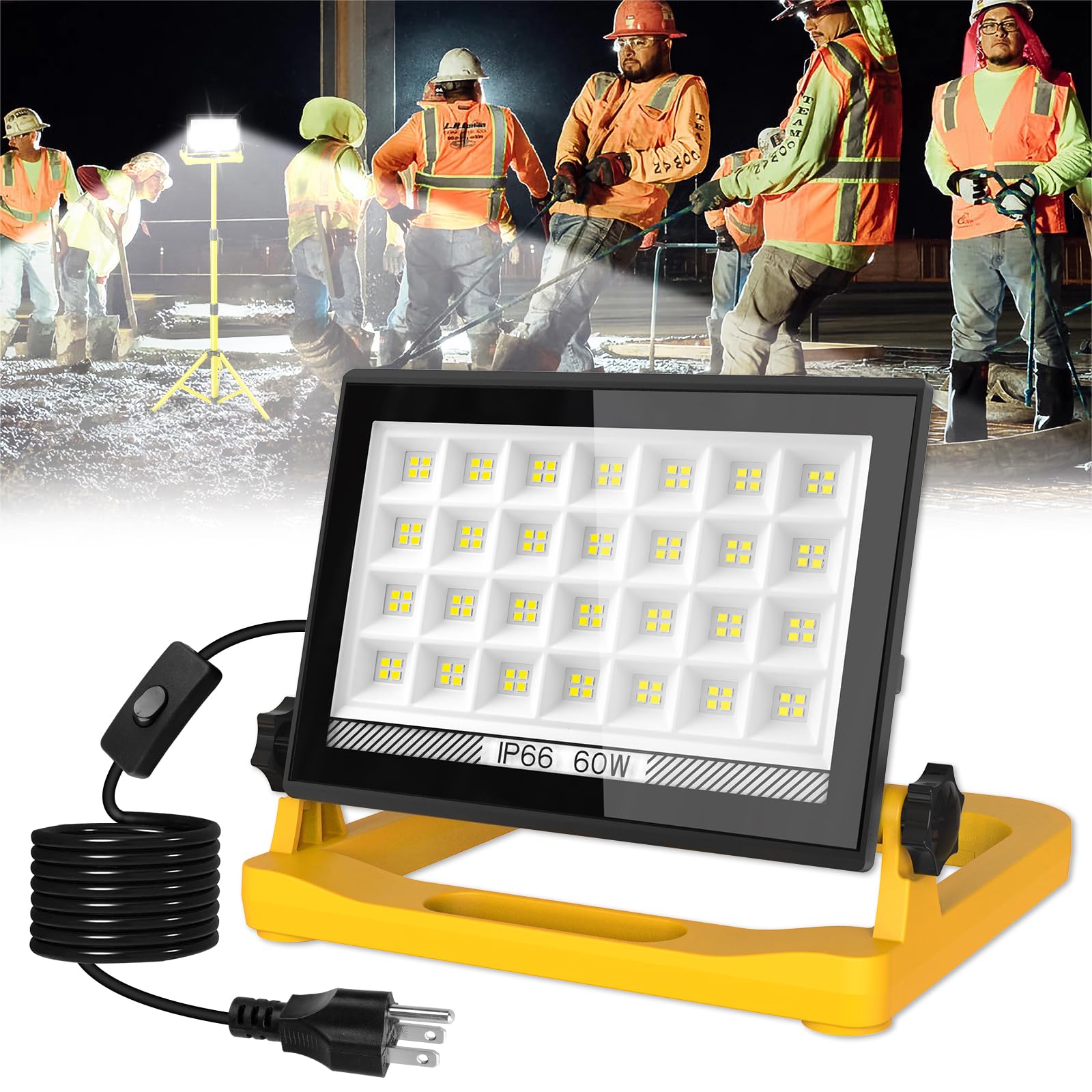 T-SUN Portable LED Work Light, 60W 6000K LED Flood Light Outdoor, 13ft ...