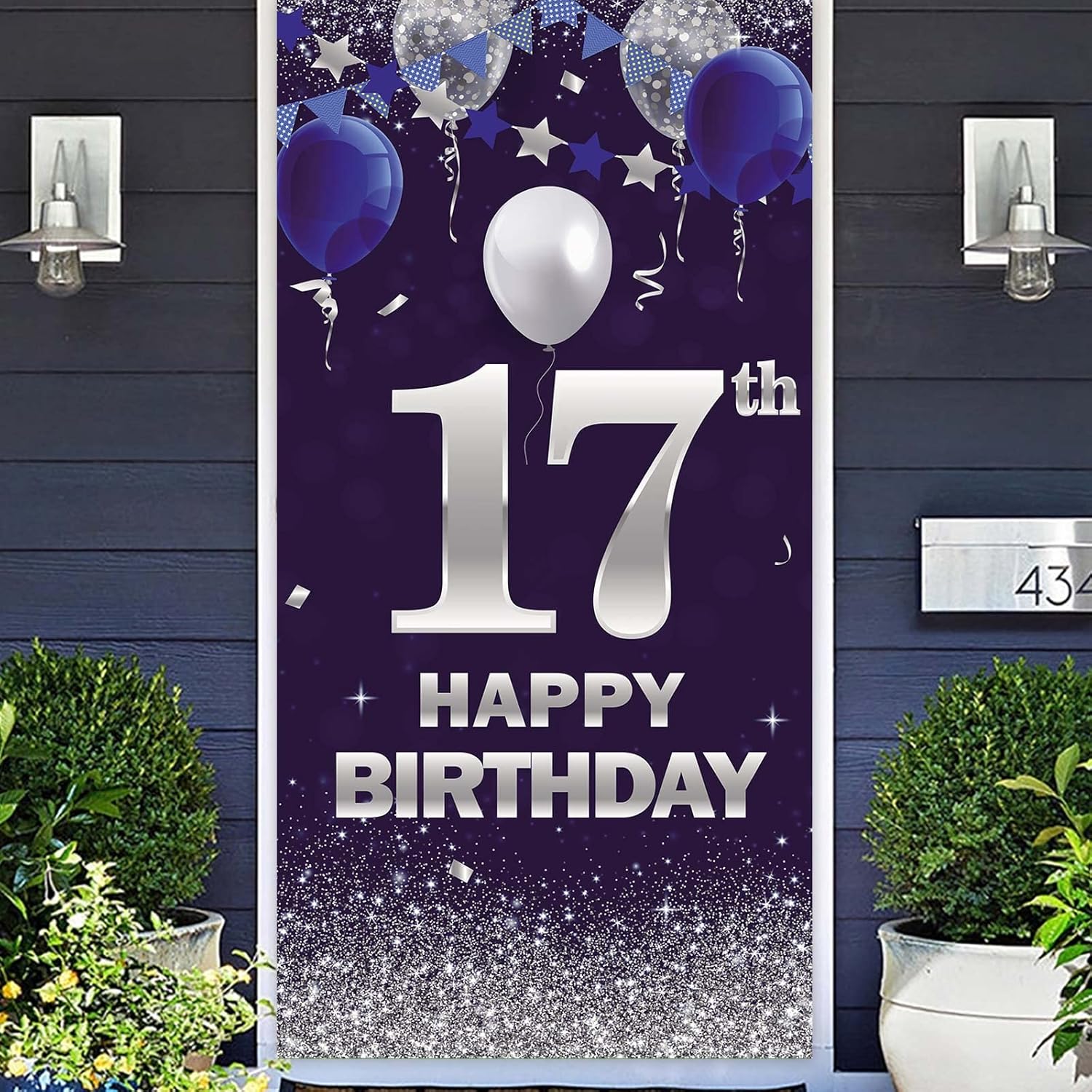 Amazon.com: Happy 17th Birthday Banner Backdrop Navy Blue and Silver ...