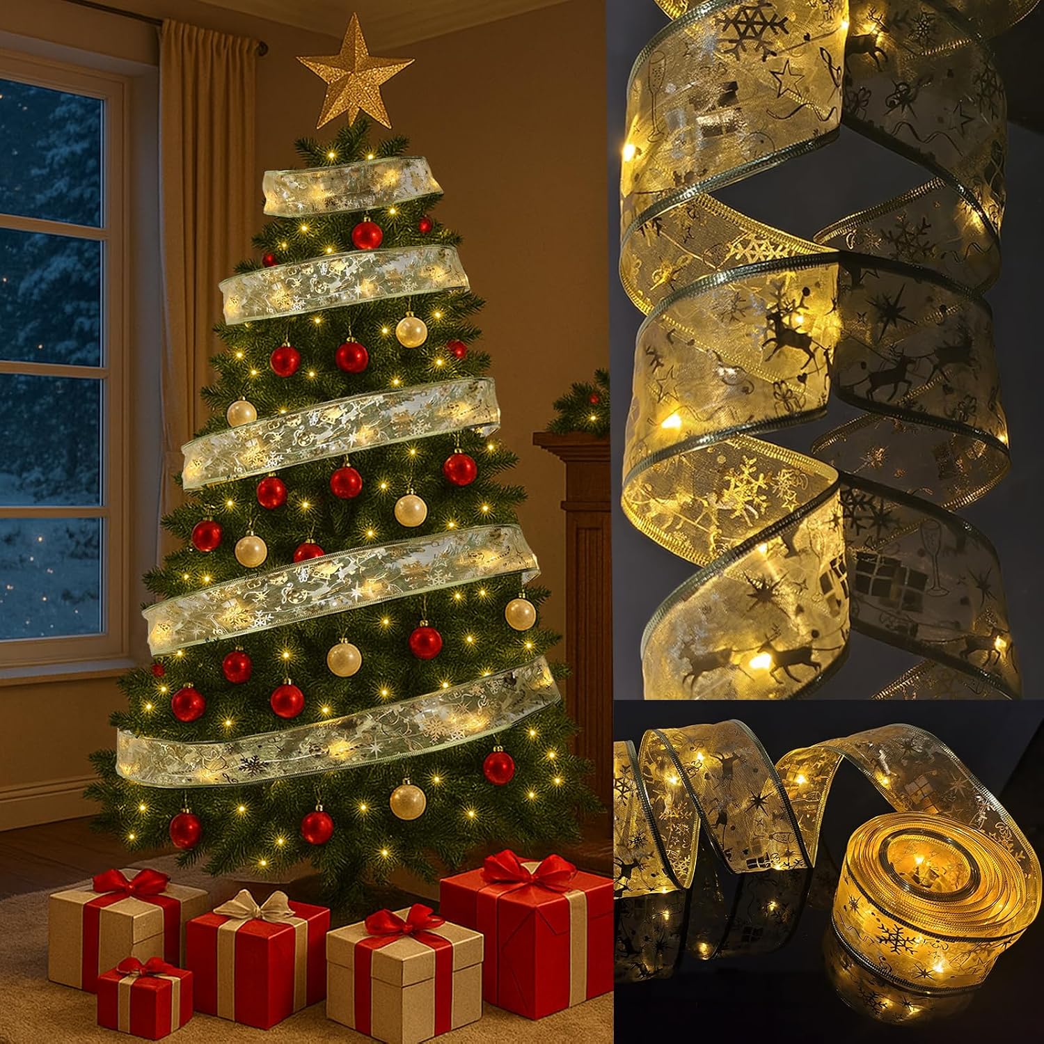 AMLOOPH Christmas Tree Lights, Gold 6m Christmas Tree Ribbon String ...