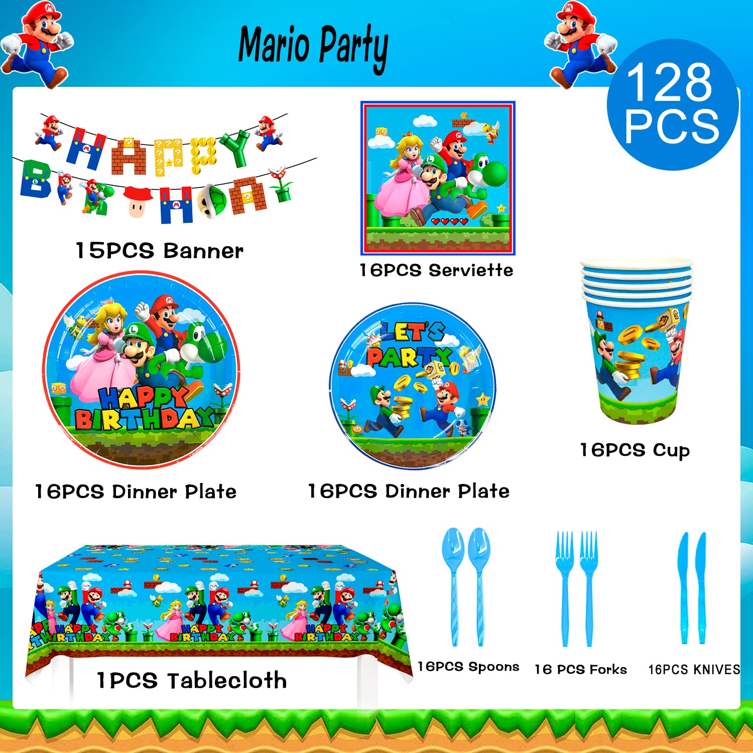 Super Mario Birthday Party Supplies-128pcs Super Mario Tableware Party ...
