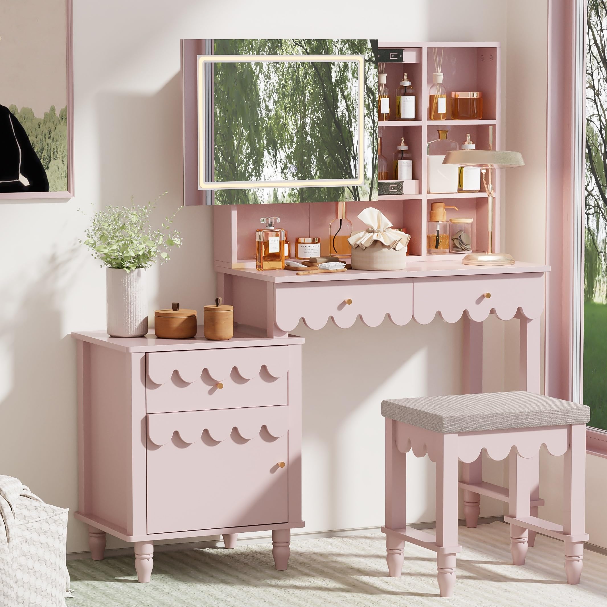 Amazon.com: Pink Makeup Vanity Desk With 3 Color Touch Screen Lighted ...